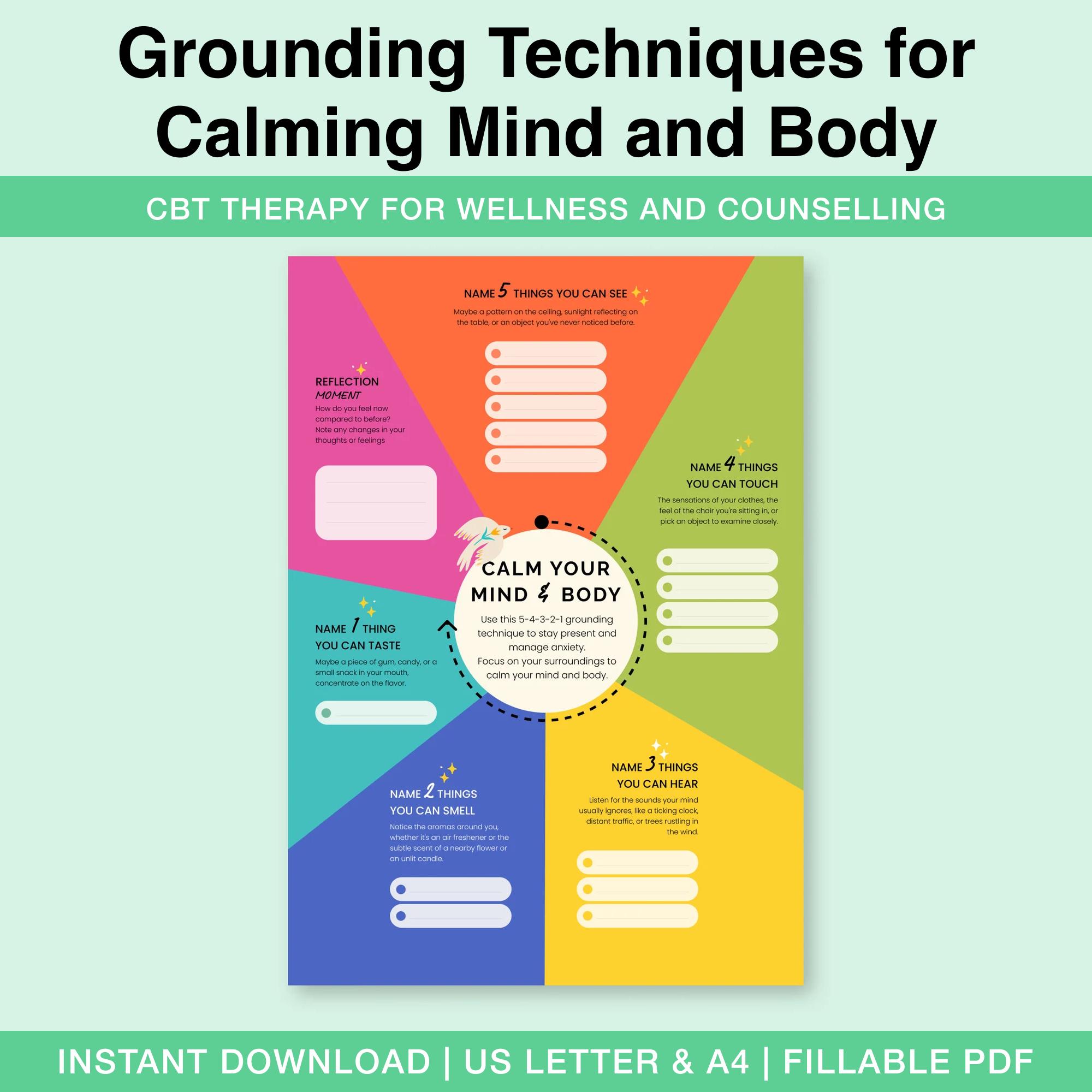 Grounding Techniques Worksheet | CBT Therapy Printable for Stress ...