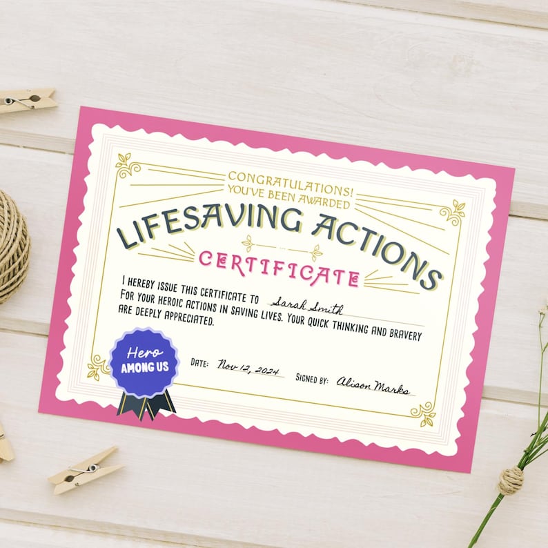 Lifesaving Actions Certificate: Hero Award, Printable PDF (A4, A5 ...