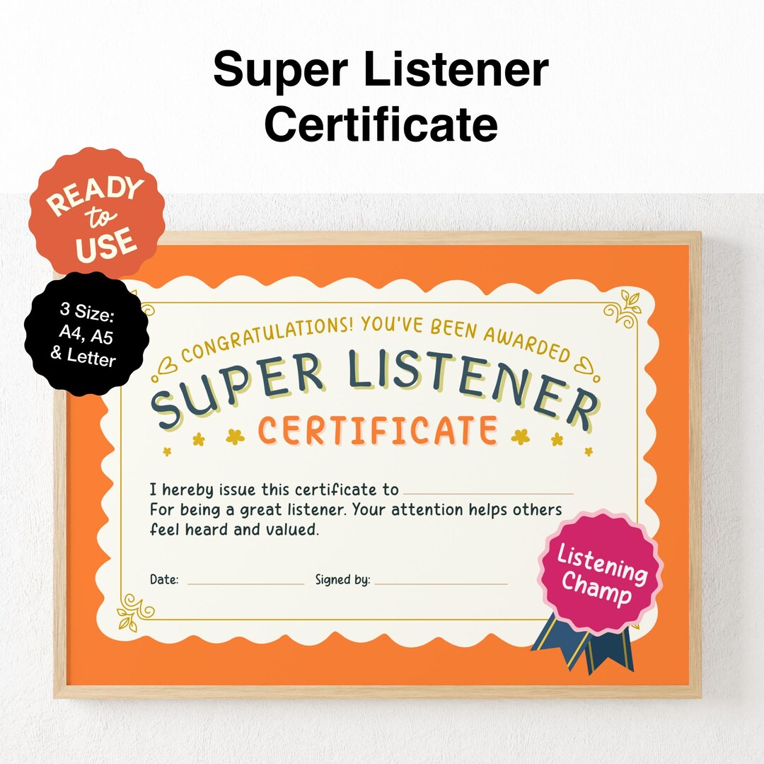 Super Listener Certificate of Achievement | Classroom Award | Instant ...