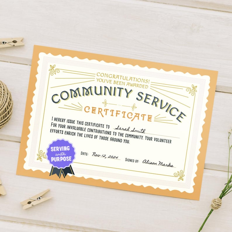 Community Service Certificate: Volunteer Award (printable PDF) - Etsy