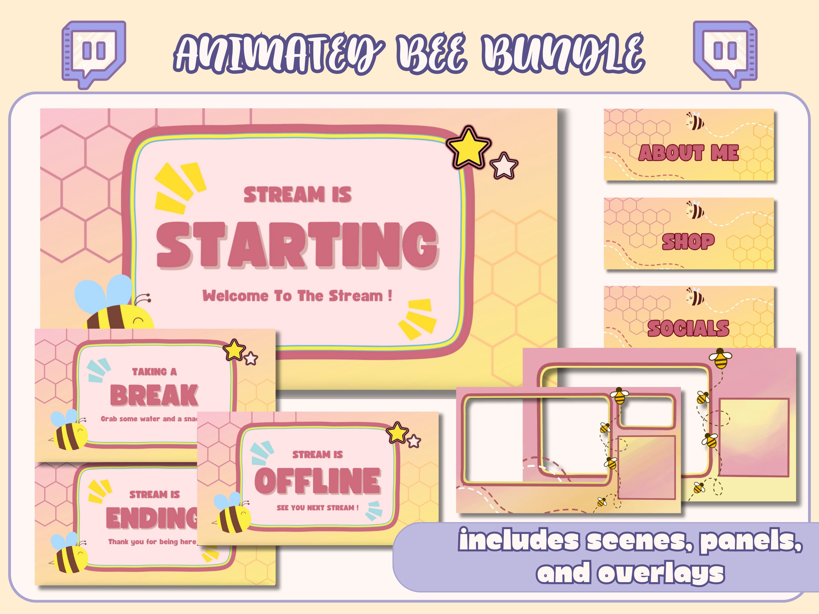 Kawaii Bee Animated Twitch Overlay Bundle, Beehive Themed Overlay, Pink ...