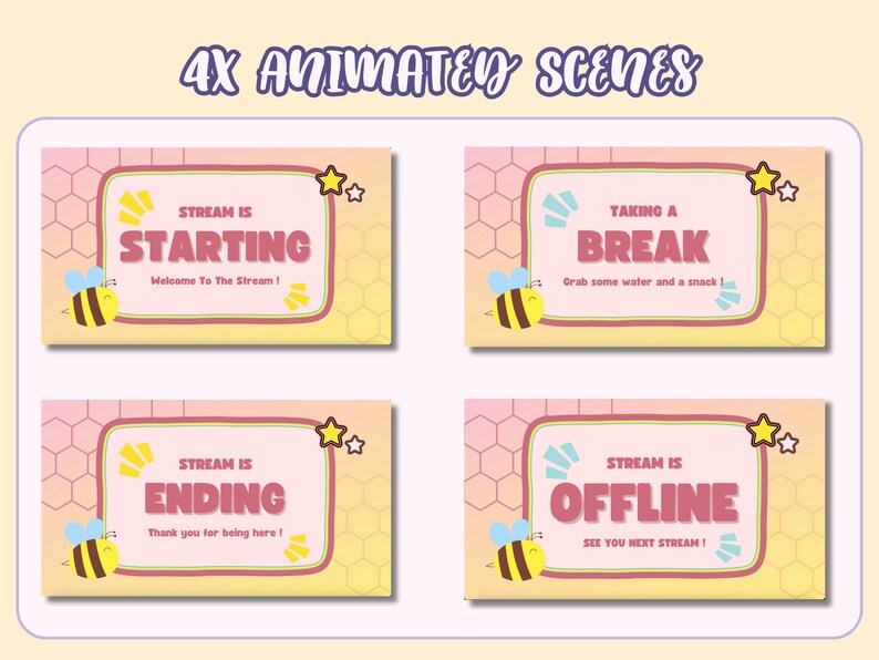 Kawaii Bee Animated Twitch Overlay Bundle, Beehive Themed Overlay, Pink ...