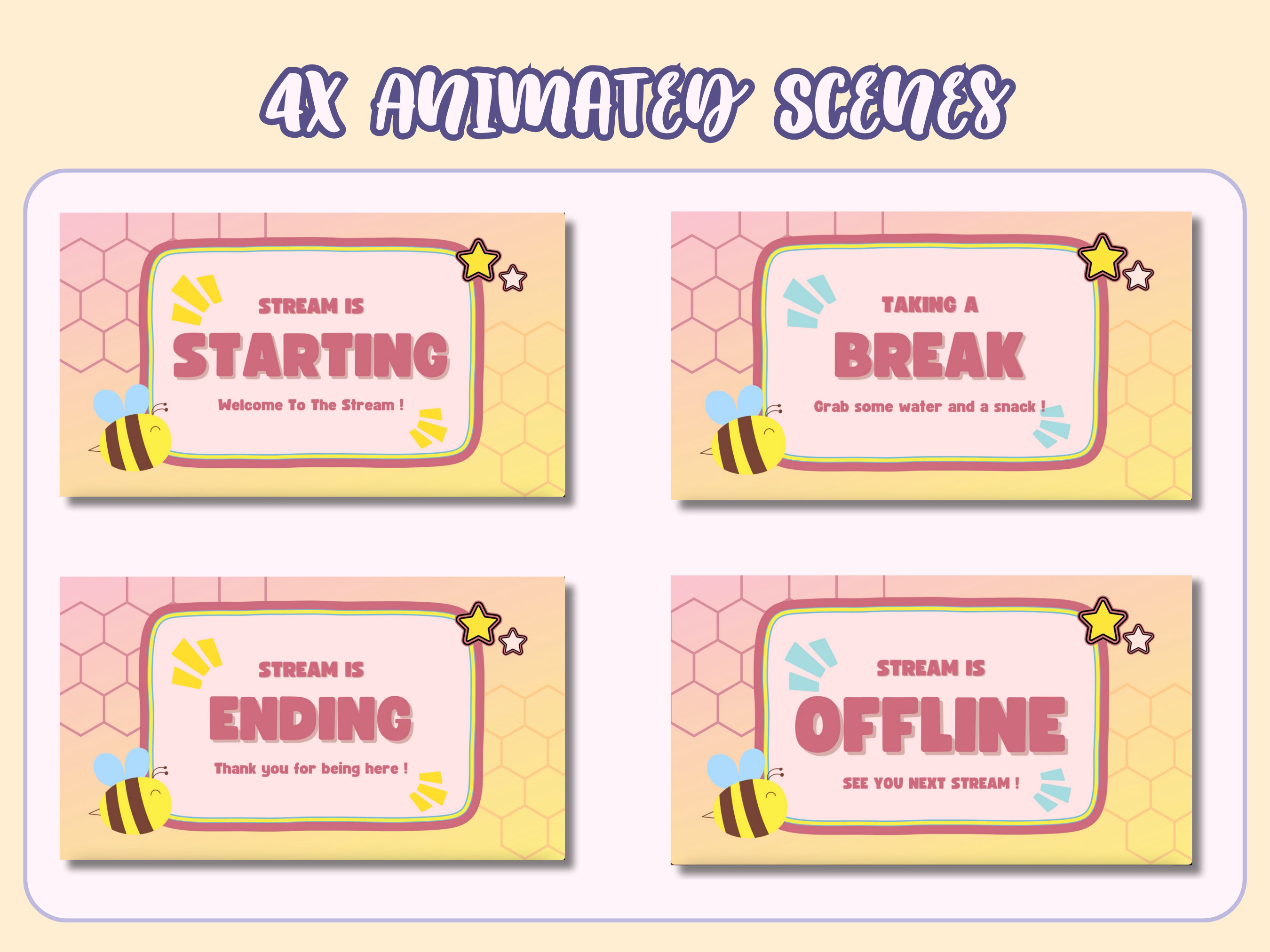Kawaii Bee Animated Twitch Overlay Bundle, Beehive Themed Overlay, Pink ...