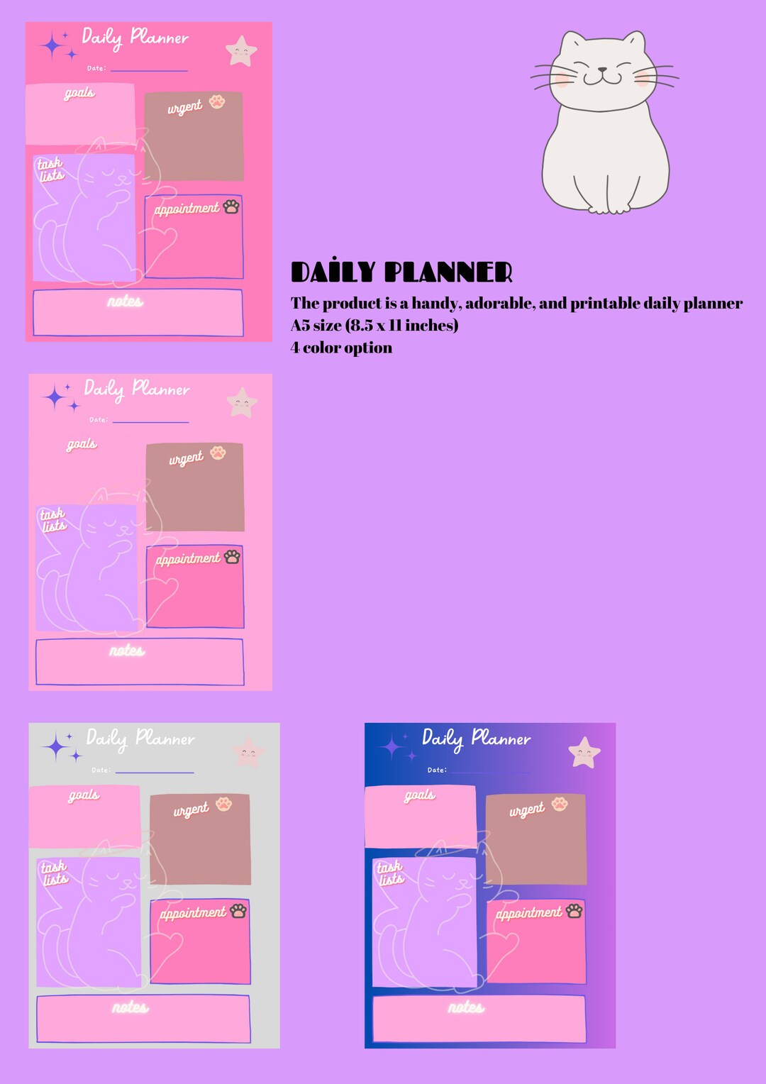 Cat Daily Planner, A5 Daily Planner for Kids and Adults, Printable ...