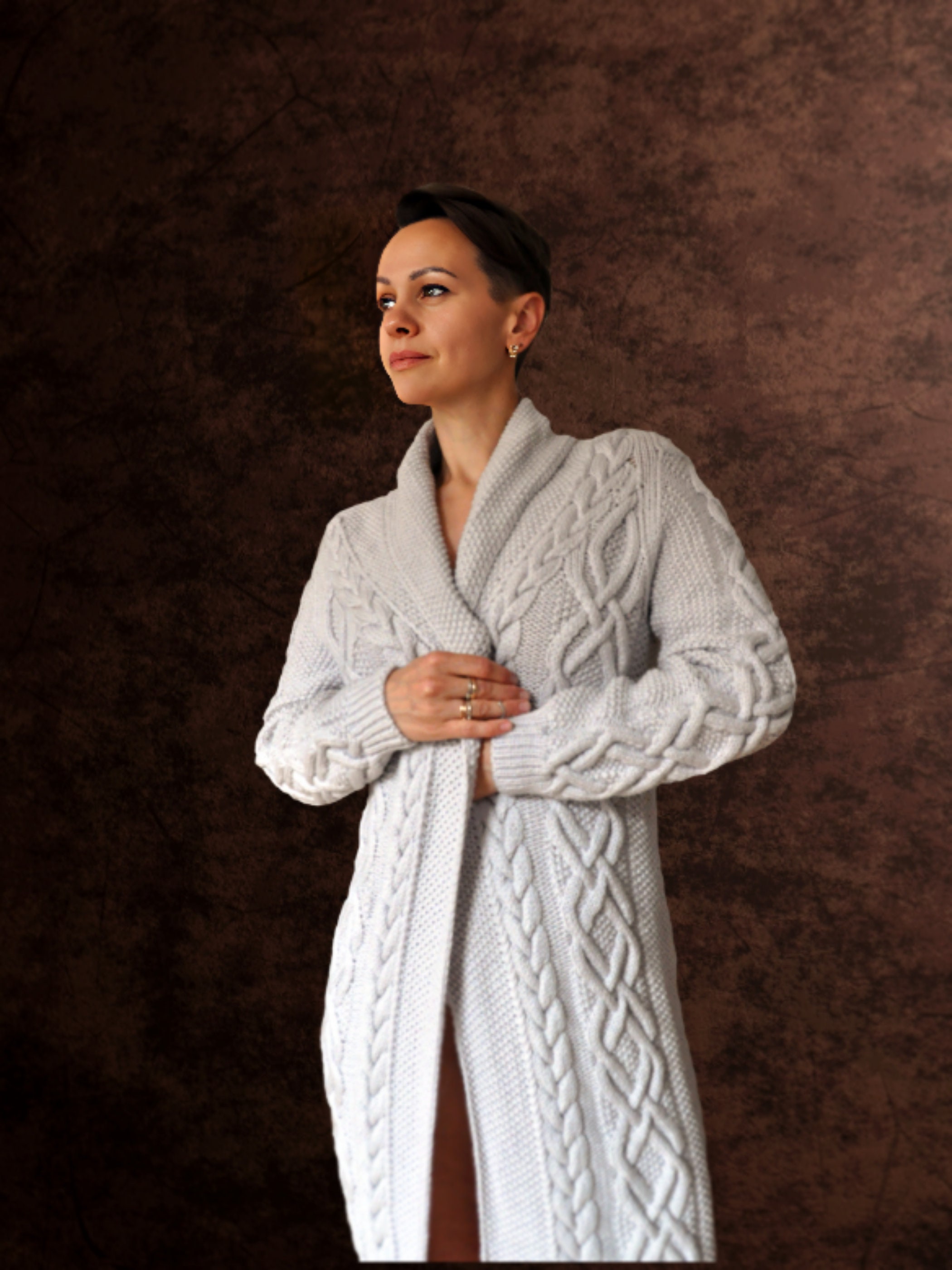 Long Merino Wool Coat, Woman's White Cable Knit Cardigan, Luxury Grey ...