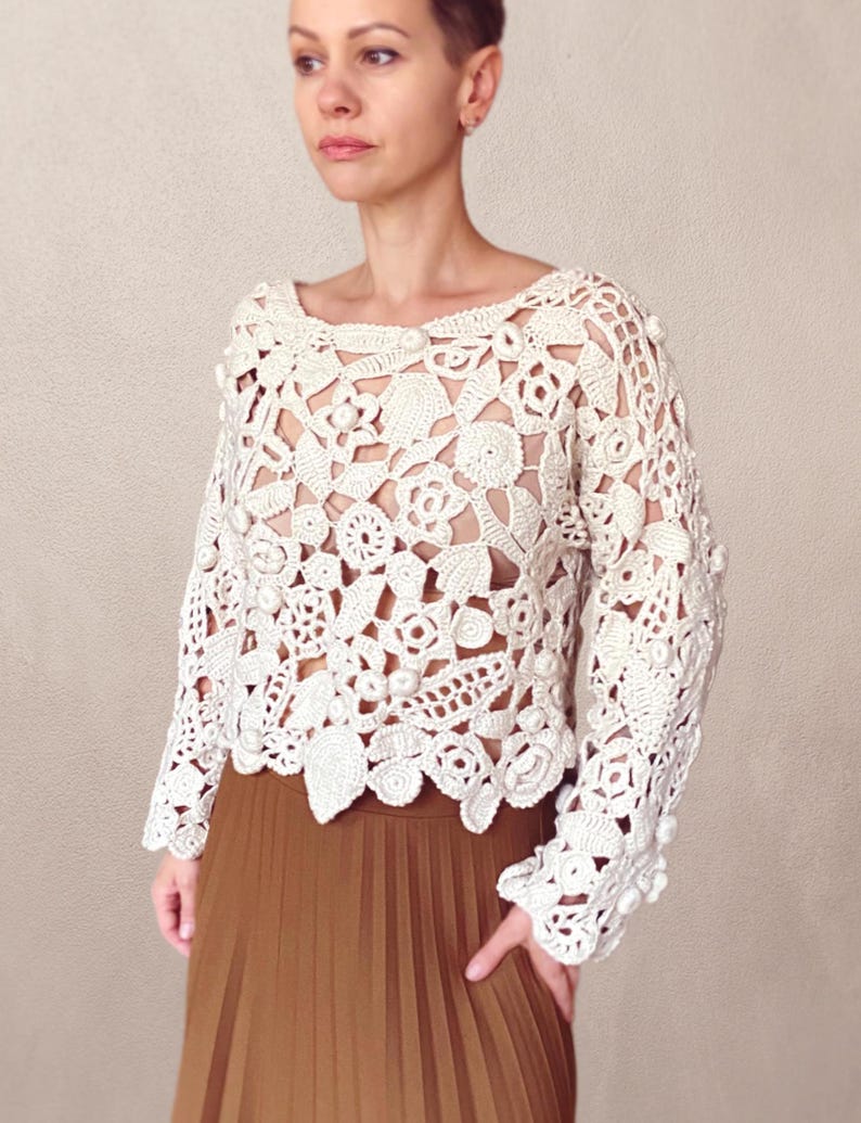 Luxury Beige Irish Lace Top, Crochet Summer Open Knit Blouse, Handmade ...