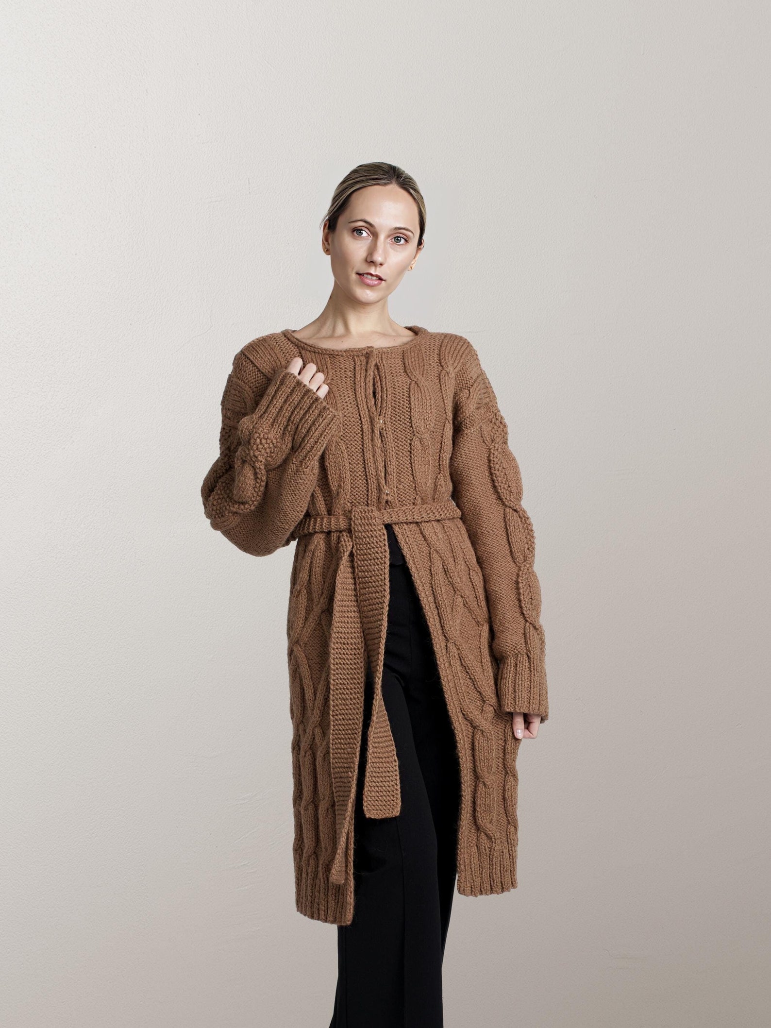 Luxury Chunky Hand Knit Alpaca Coat, Handmade Cable Knit Aran Cardigan ...