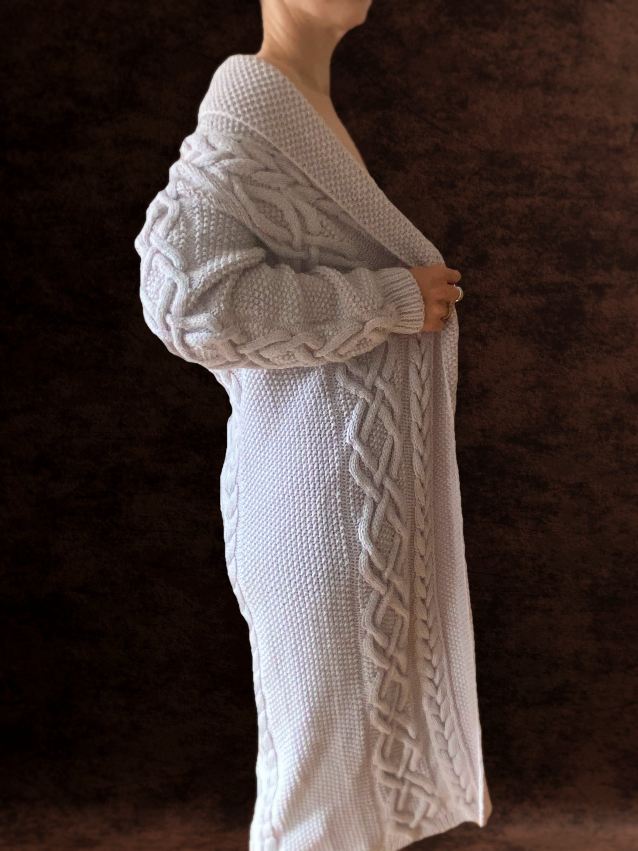 Long Merino Wool Coat, Woman's White Cable Knit Cardigan, Luxury Grey ...