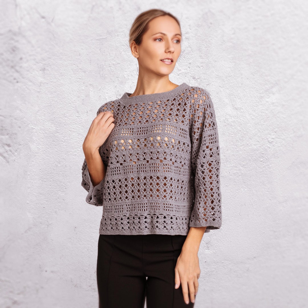 Sheer Crochet Crop Sweater, Open Knit Cotton Top, Women's Boxy Lace ...