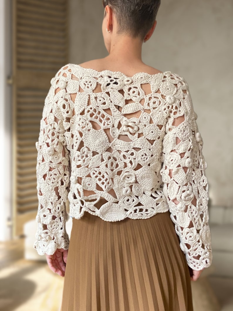 Luxury Beige Irish Lace Top, Crochet Summer Open Knit Blouse, Handmade ...