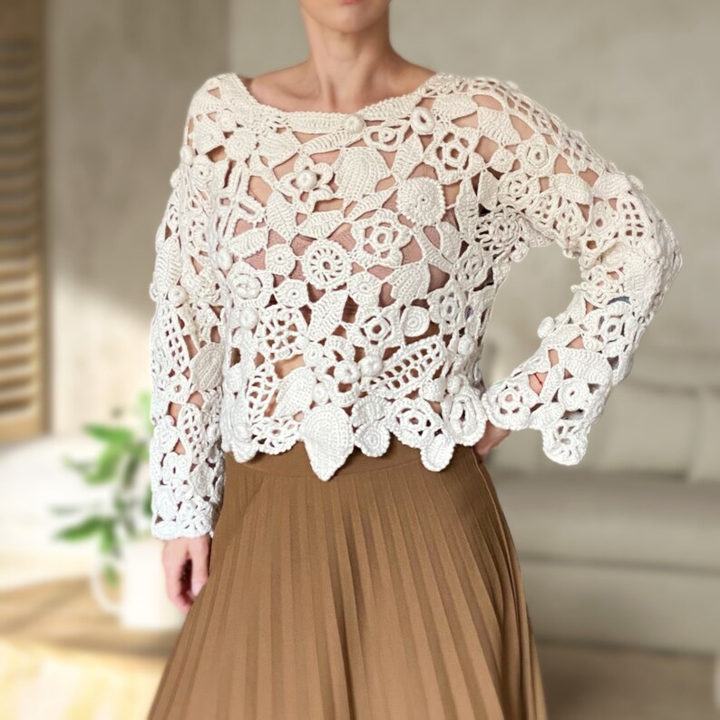 Luxury Beige Irish Lace Top, Crochet Summer Open Knit Blouse, Handmade ...