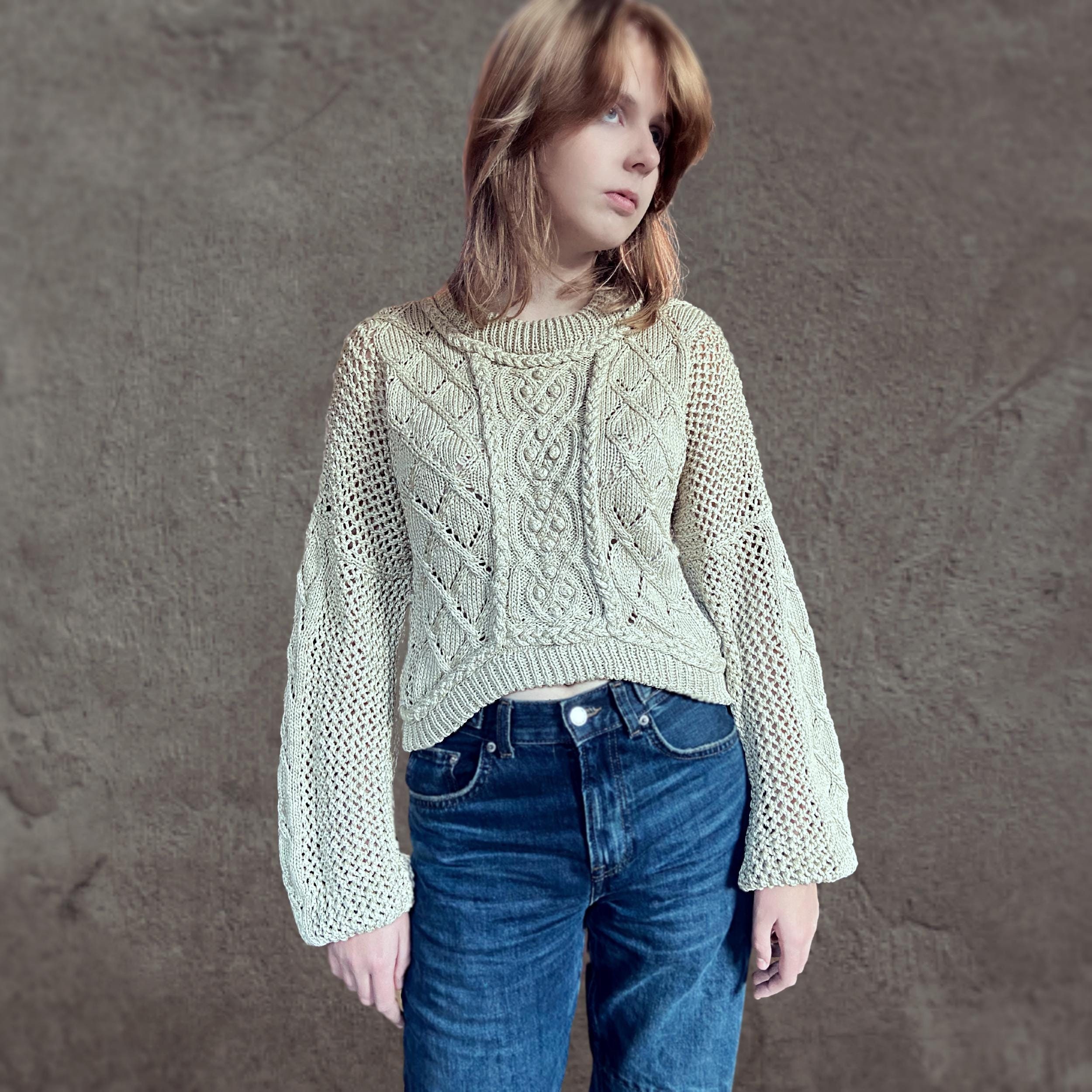 Cotton Cable Knit Woman’s Blouse, Beige Summer Sweater, Loose Fit Aran ...