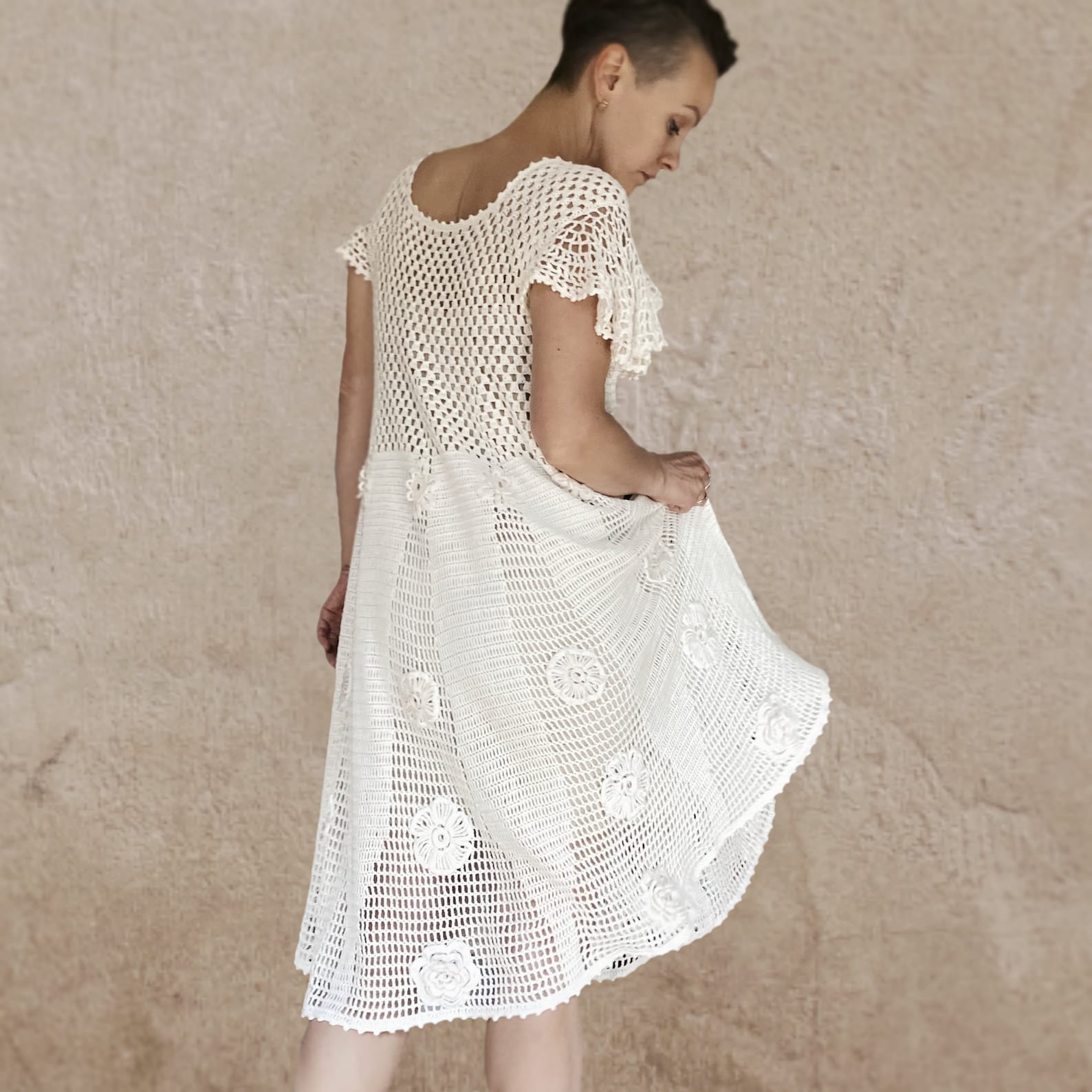 Crochet Sheer Summer Dress White Lace Wide Midi Dress Floral Cotton