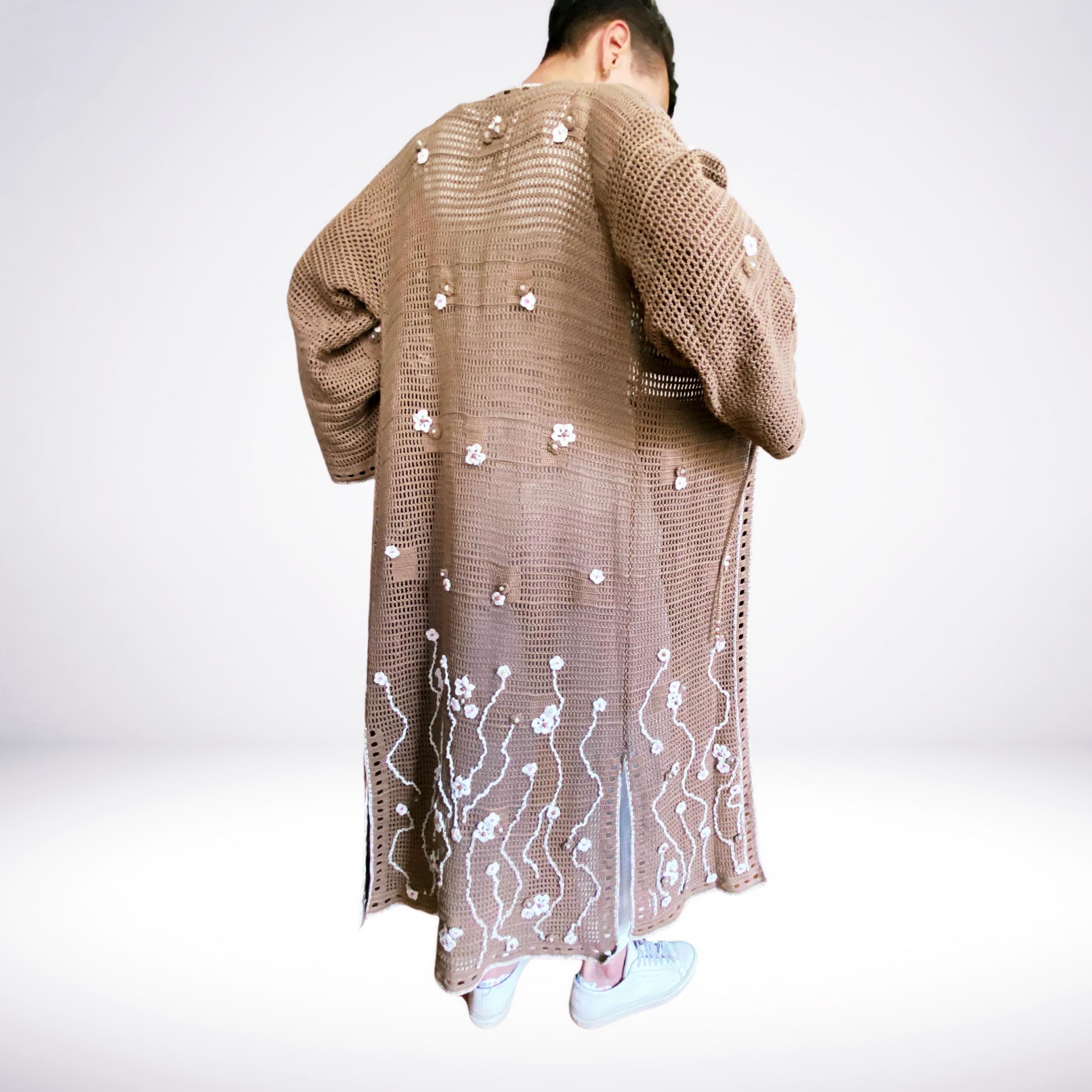 Crochet Embroidered Cardigan, Floral Beaded Maxi Jacket, Hand-knit ...