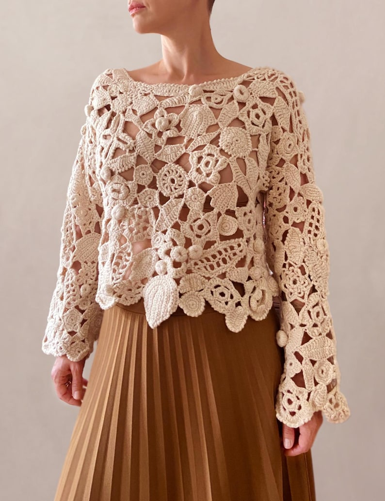 Luxury Beige Irish Lace Top, Crochet Summer Open Knit Blouse, Handmade ...