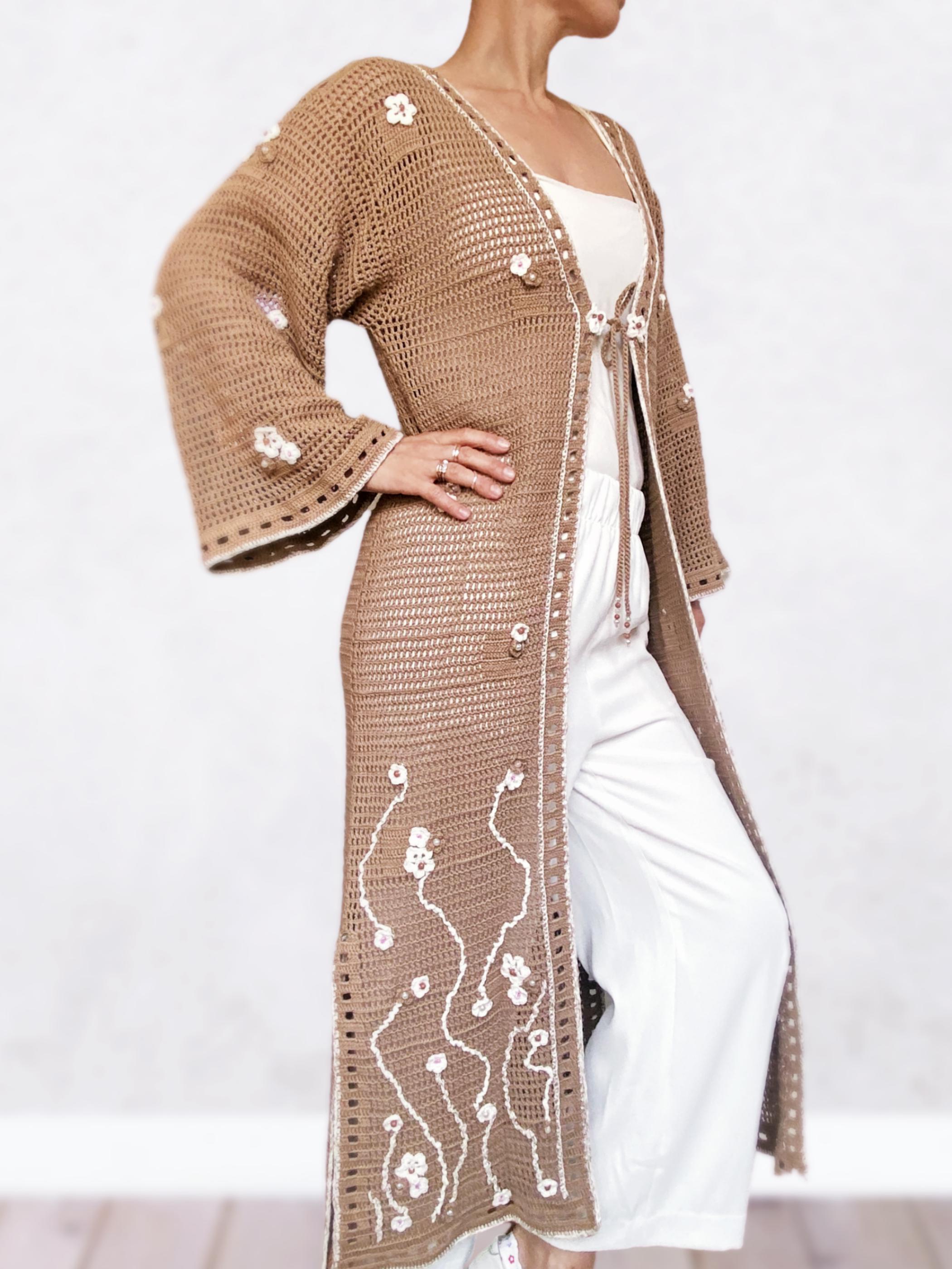 Crochet Embroidered Cardigan, Floral Beaded Maxi Jacket, Hand-knit ...