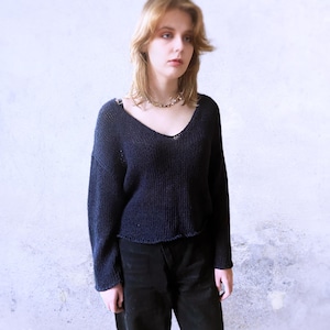 Oversized Sheer Cropped Sweater, Minimalistic V Neck Pullover, Relaxed ...