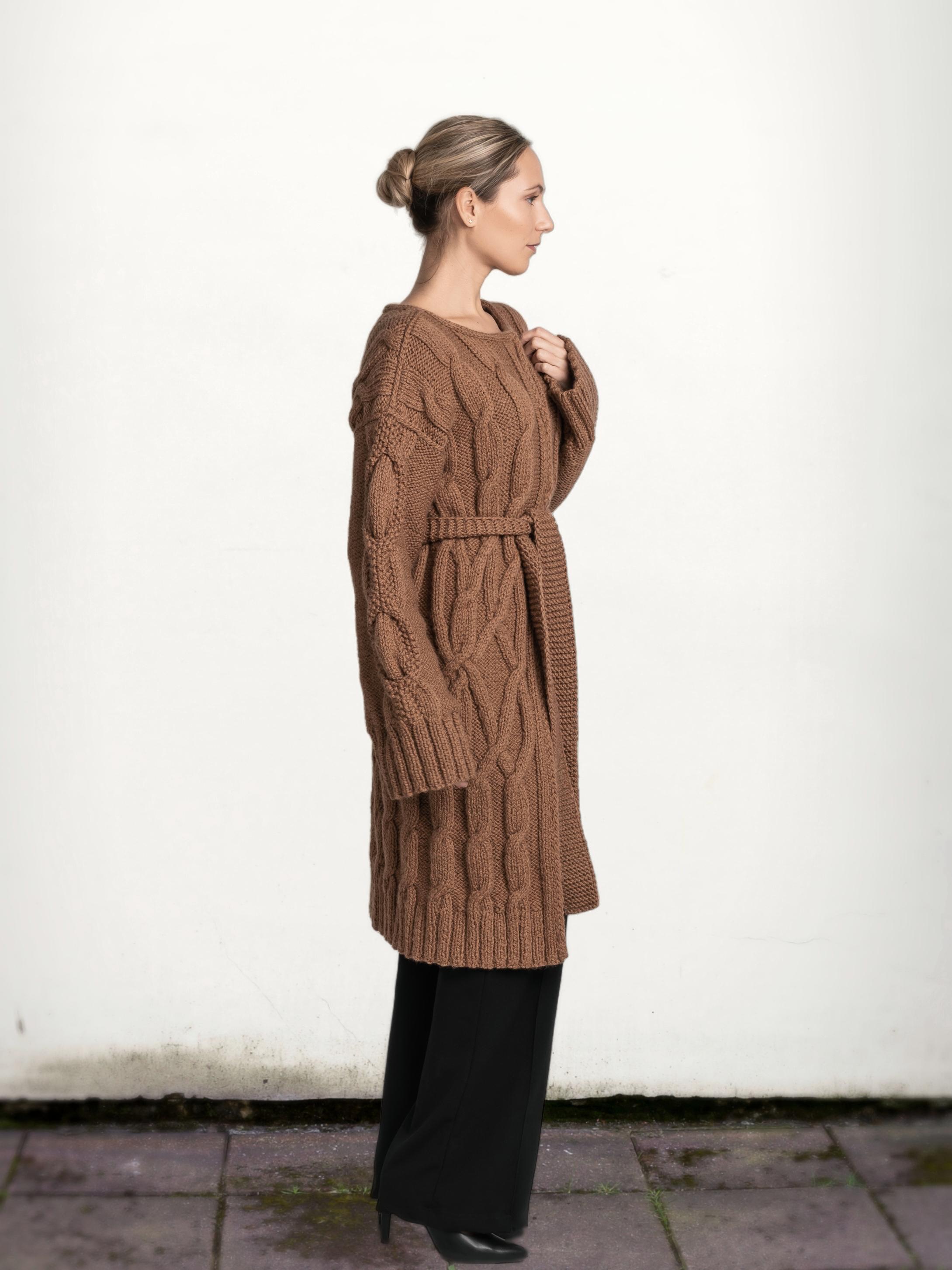Luxury Chunky Hand Knit Alpaca Coat, Handmade Cable Knit Aran Cardigan ...