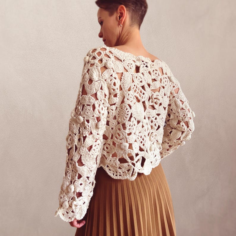 Luxury Beige Irish Lace Top, Crochet Summer Open Knit Blouse, Handmade ...