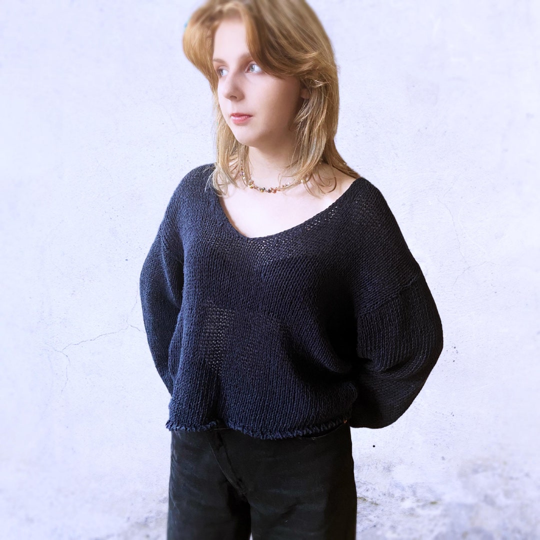 Oversized Sheer Cropped Sweater, Minimalistic V Neck Pullover, Relaxed ...