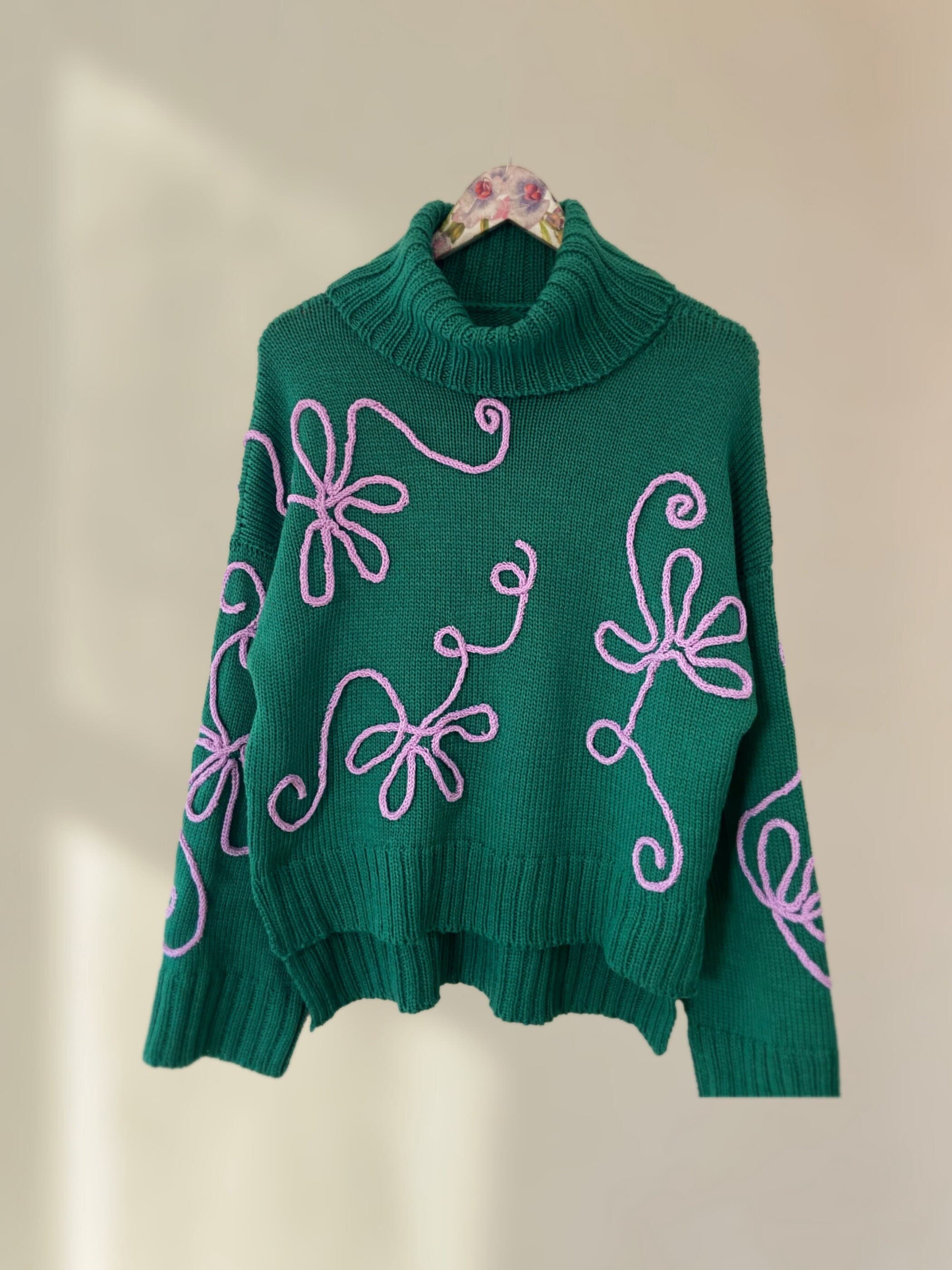 Decorated Chunky Knit Sweater Embroidered Merino Wool - Etsy
