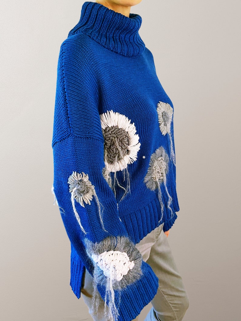 Decorated Merino Wool Sweater, One-of-a-kind Chunky Knit Floral ...