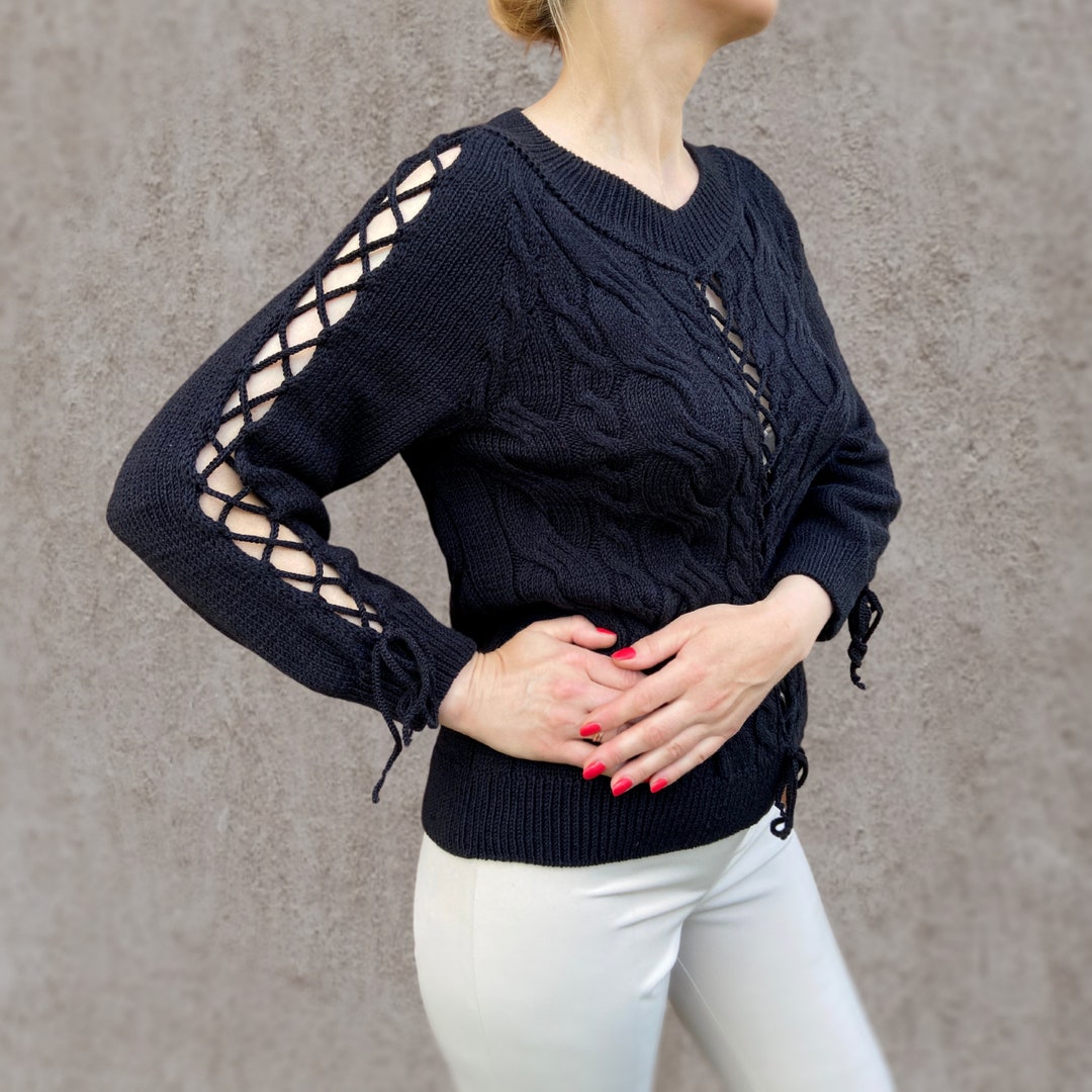 Tied-up Back and Front Merino Wool Blouse, Lace-up Sleeves Black Aran Top, Handmade Chunky Knit ...