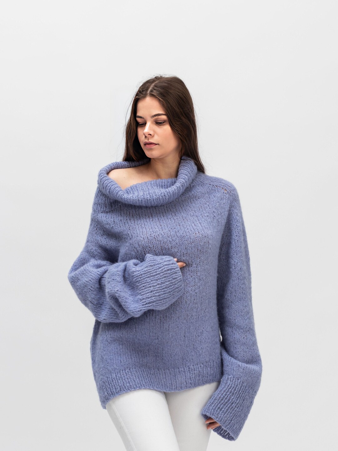 Oversized Off-shoulder Sweater Fluffy Chunky Knit Pullover Hand-knit in ...