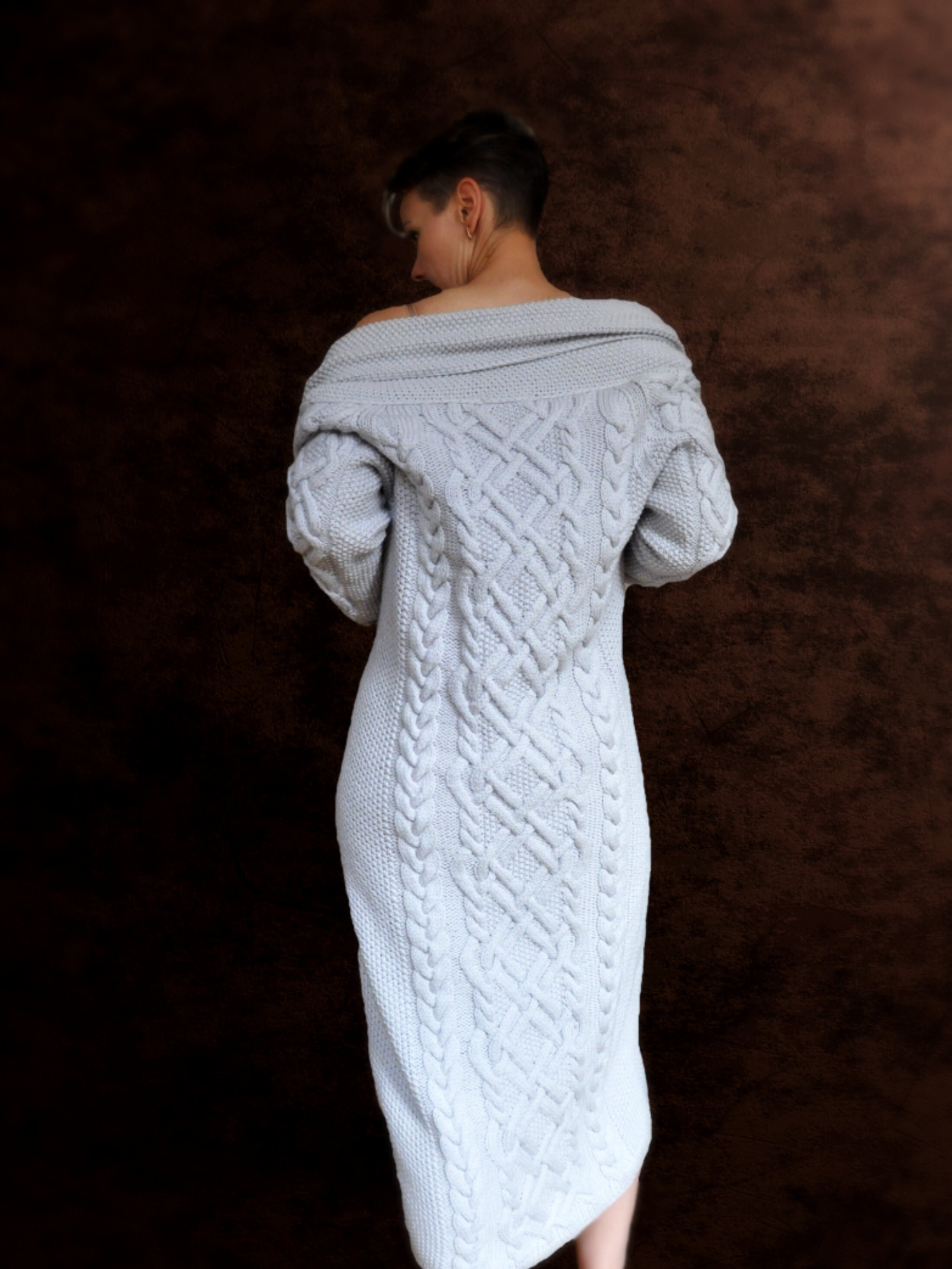 Long Merino Wool Coat, Woman's White Cable Knit Cardigan, Luxury Grey ...