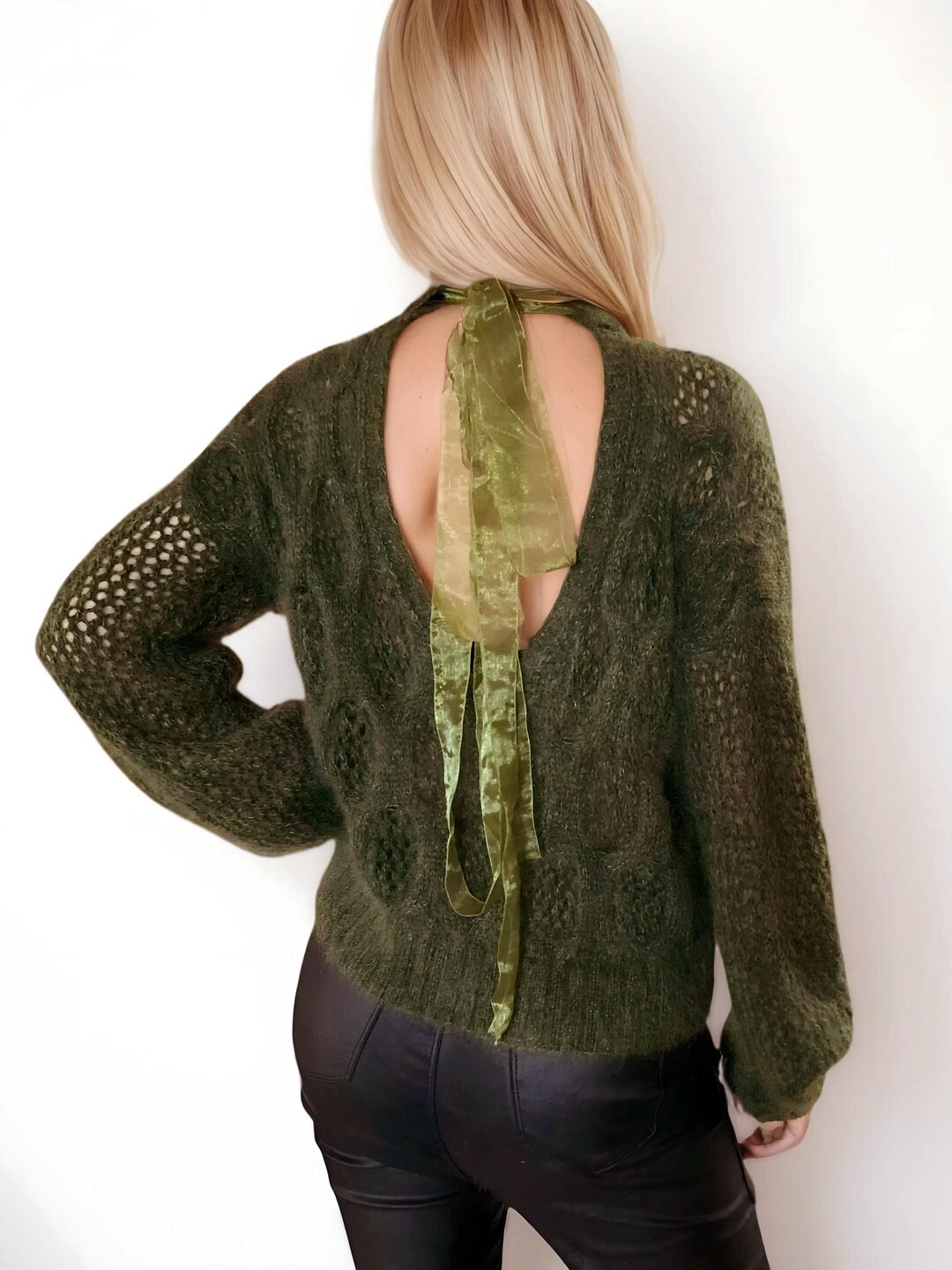 Open Back Chunky Knit Sweater, Tied-up V Back Fuzzy Pullover, Warm ...