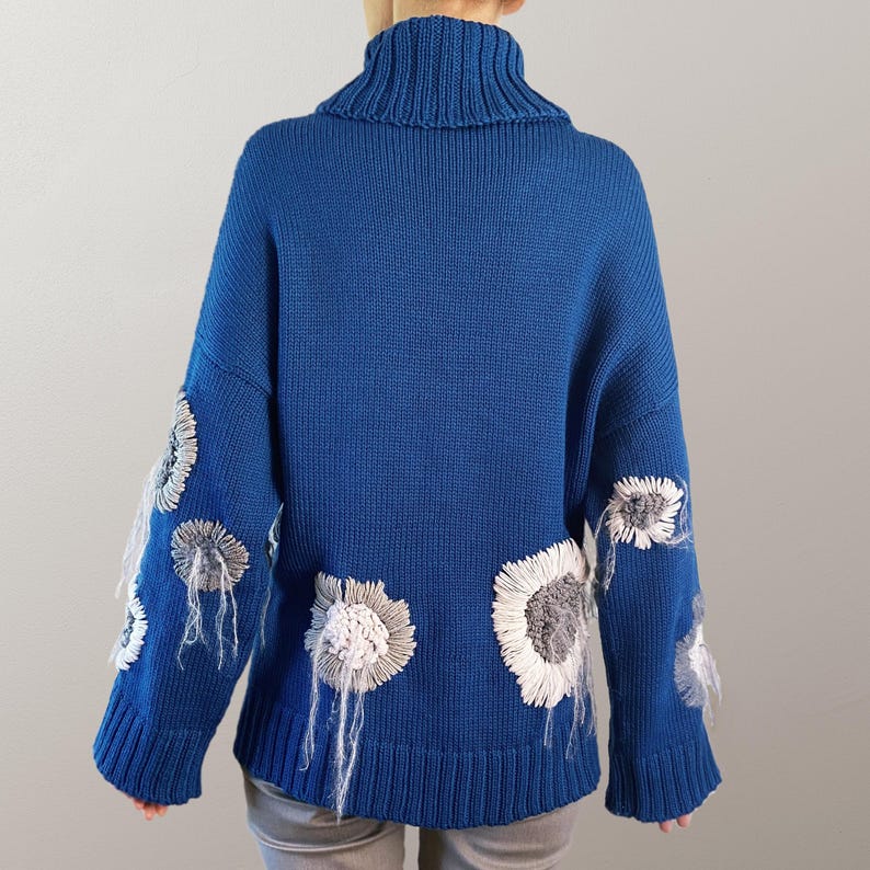 Decorated Merino Wool Sweater, One-of-a-kind Chunky Knit Floral ...