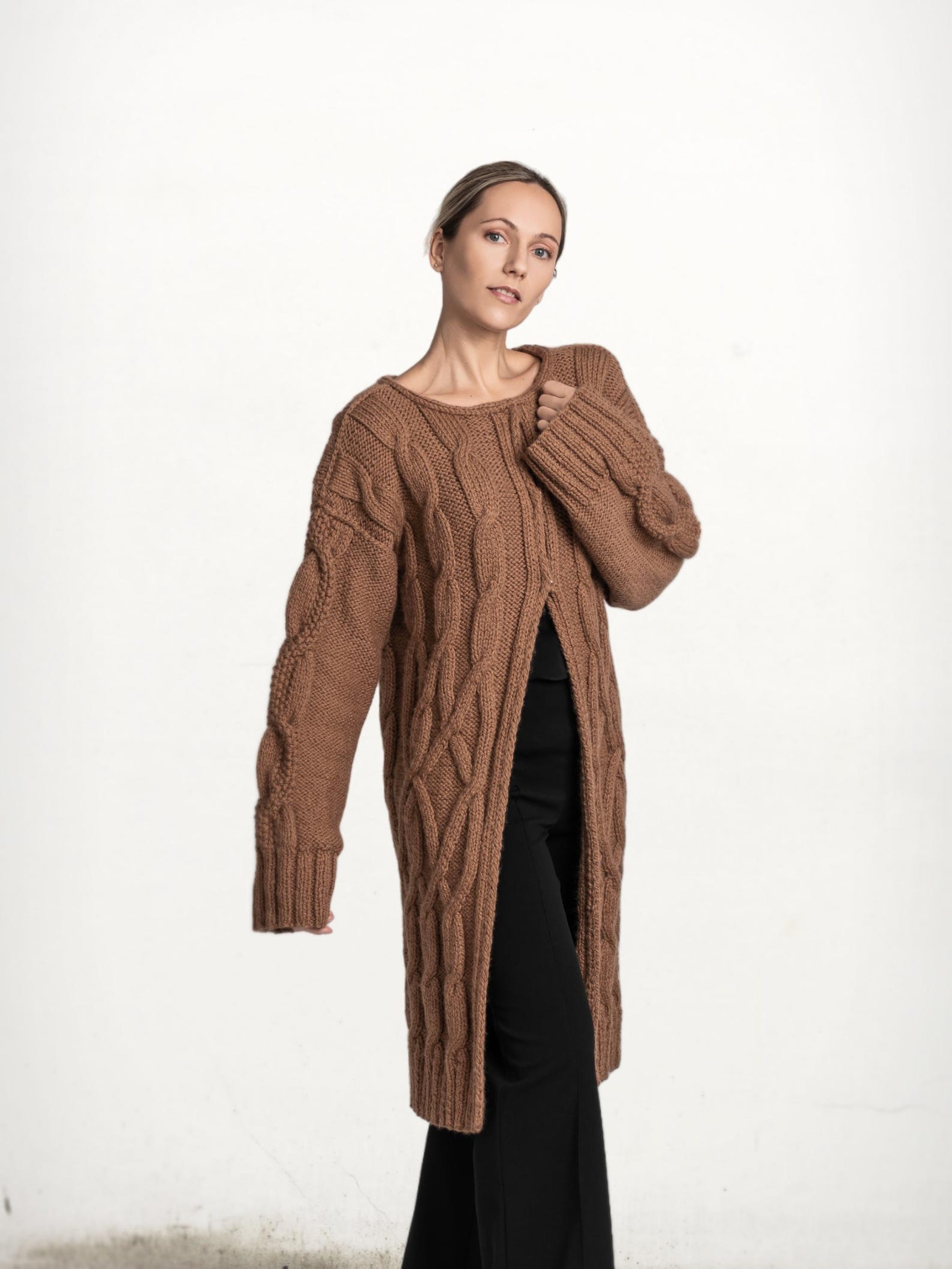 Luxury Chunky Hand Knit Alpaca Coat, Handmade Cable Knit Aran Cardigan ...
