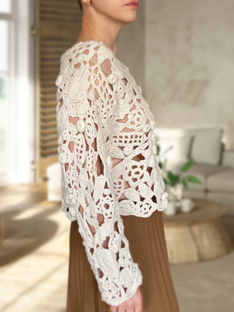 Luxury Beige Irish Lace Top, Crochet Summer Open Knit Blouse, Handmade ...