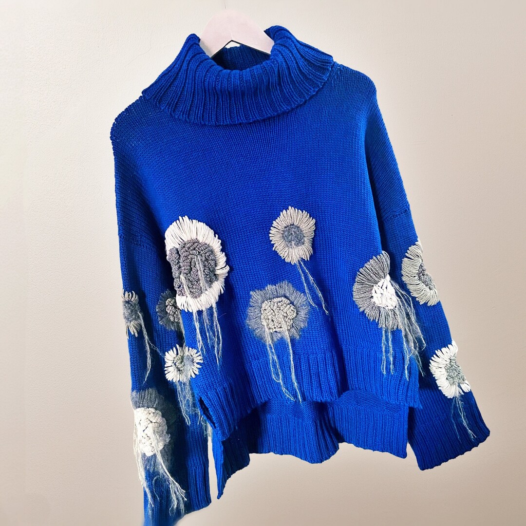 Decorated Merino Wool Sweater, One-of-a-kind Chunky Knit Floral ...