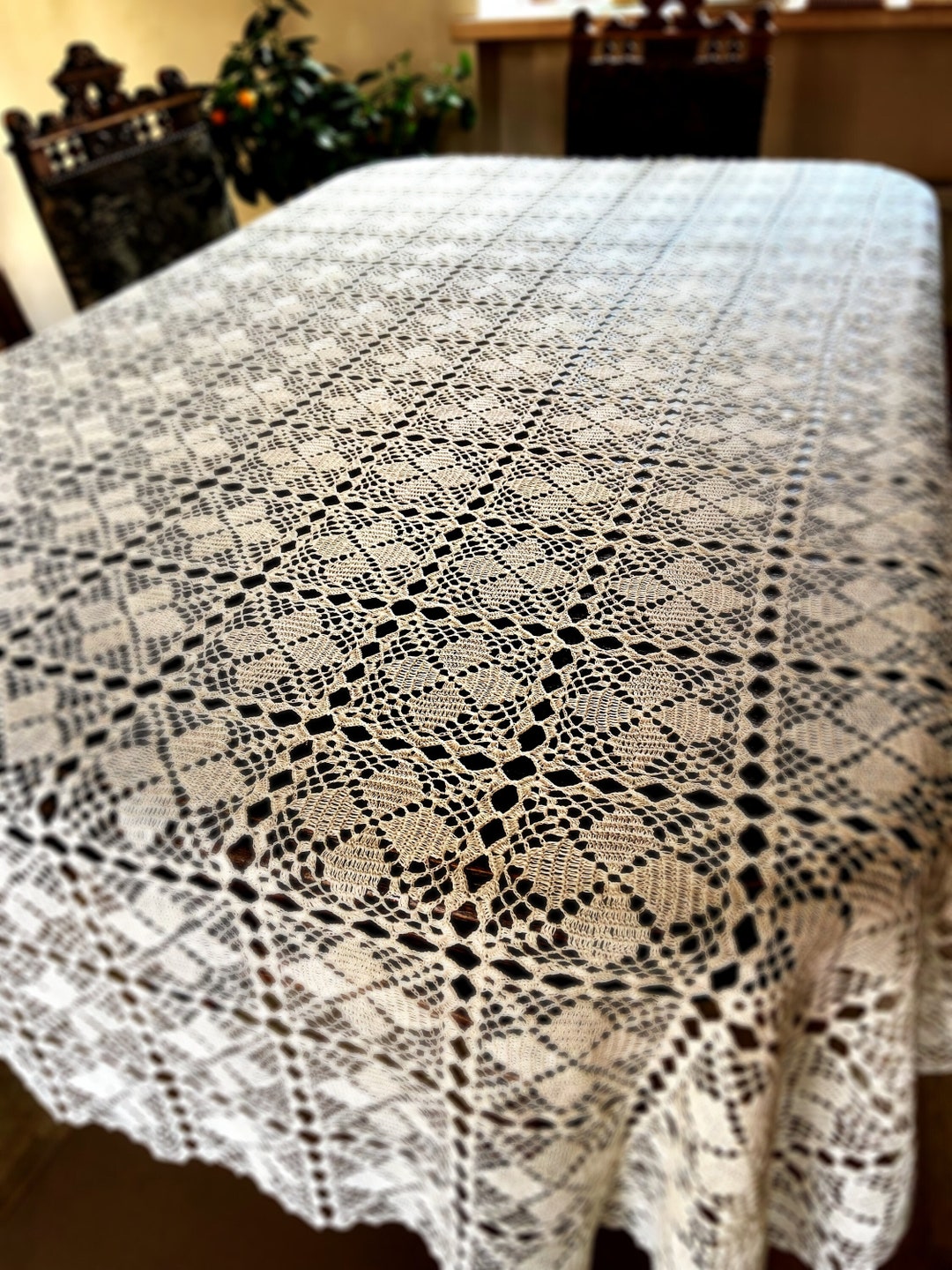 New Handmade Crochet Tablecloth, Rectangular Large White Linen Table ...