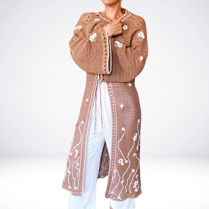 Crochet Embroidered Cardigan, Floral Beaded Maxi Jacket, Hand-knit ...