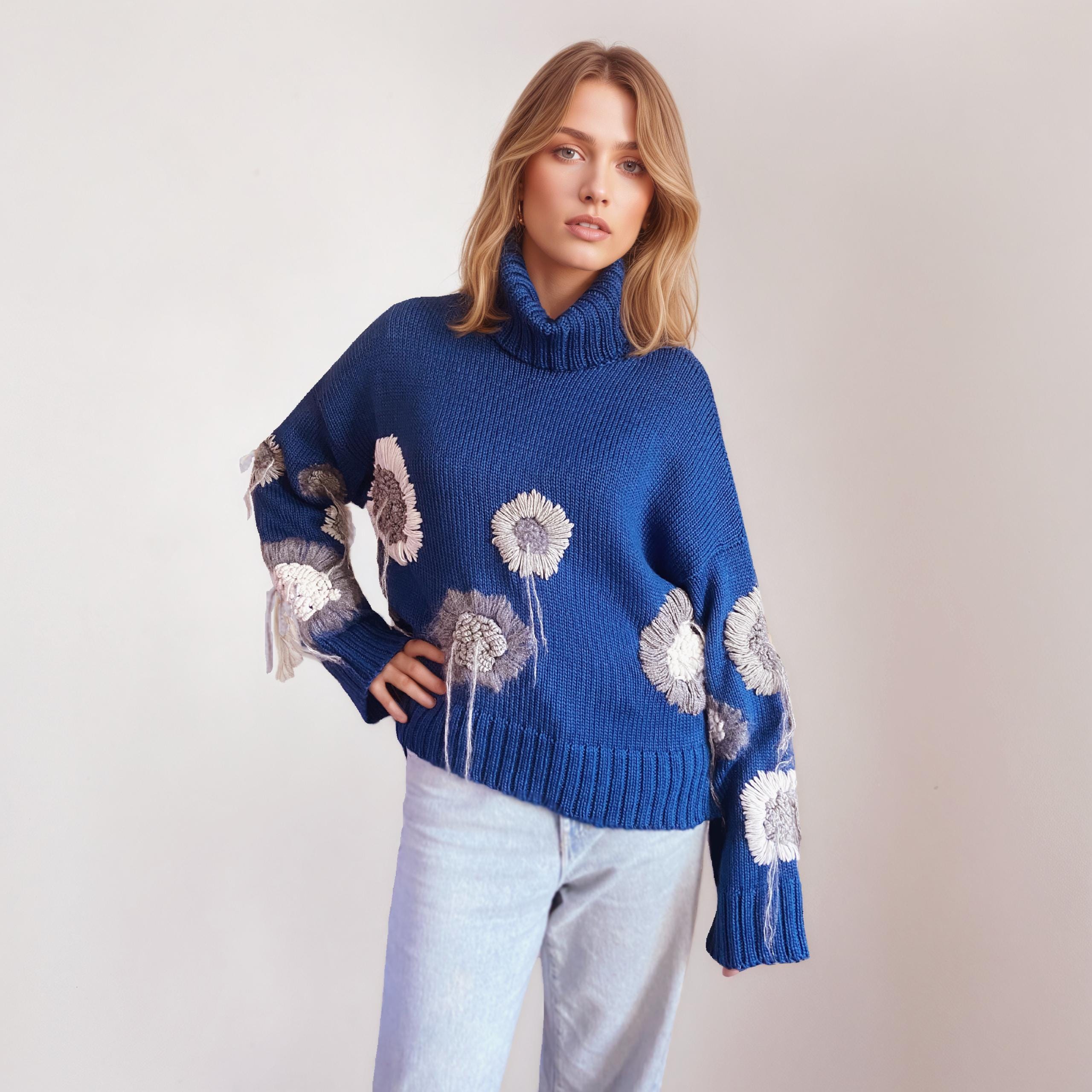 Decorated Merino Wool Sweater, One-of-a-kind Chunky Knit Floral ...