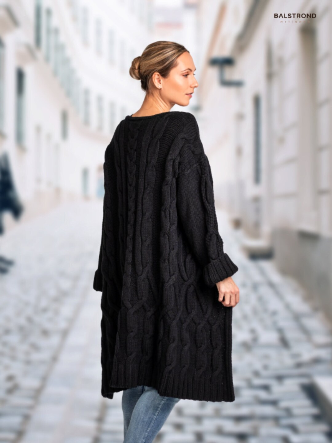 Black Knit Cashmere Blend Coat, Handmade Cable Knit Aran Cardigan ...