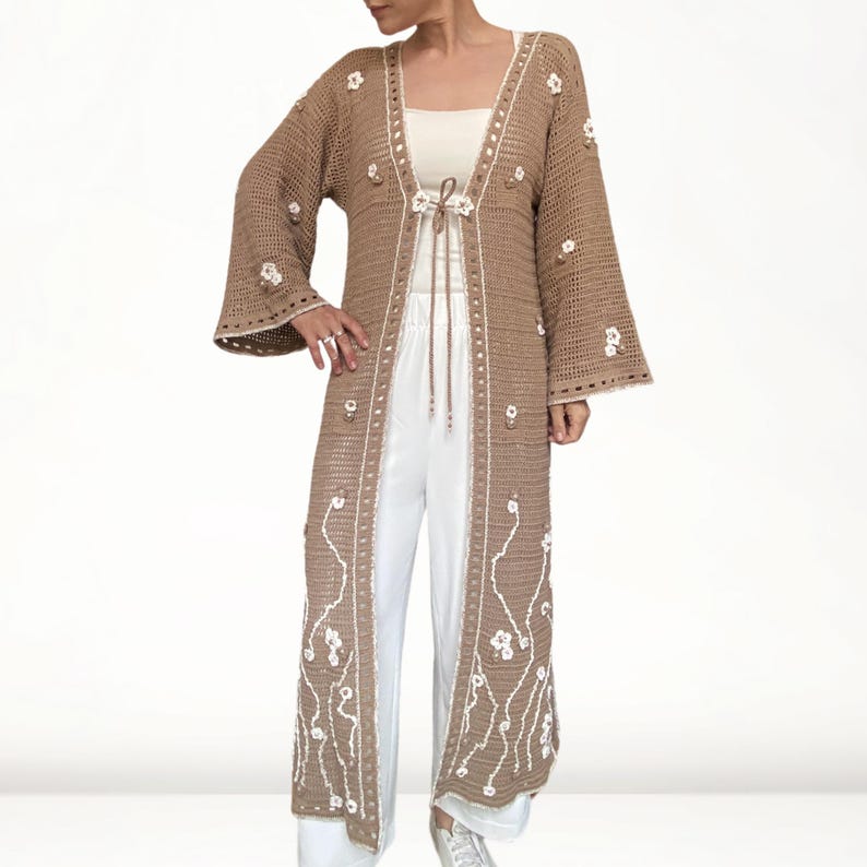 Crochet Embroidered Cardigan, Floral Beaded Maxi Jacket, Hand-knit ...