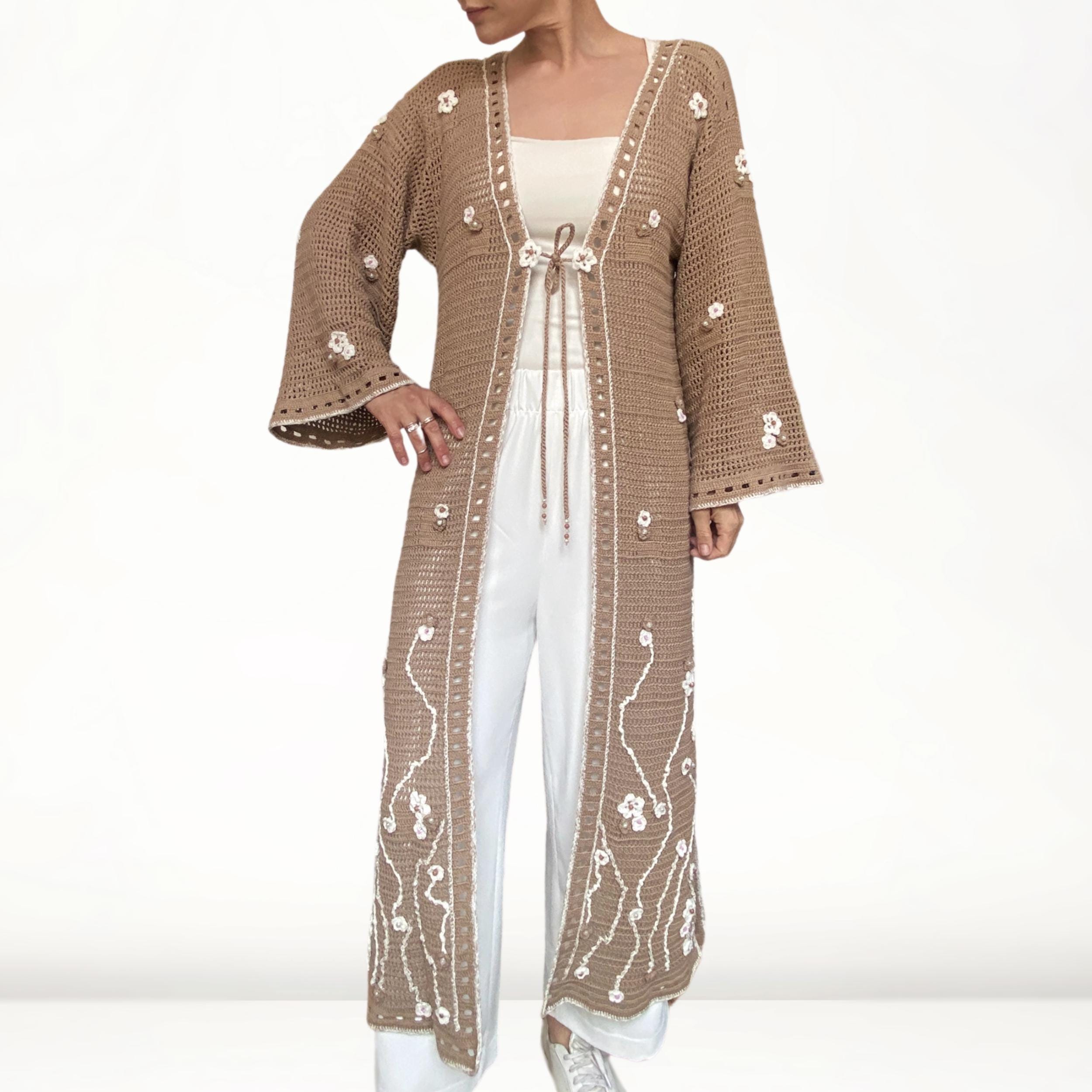 Crochet Embroidered Cardigan, Floral Beaded Maxi Jacket, Hand-knit ...