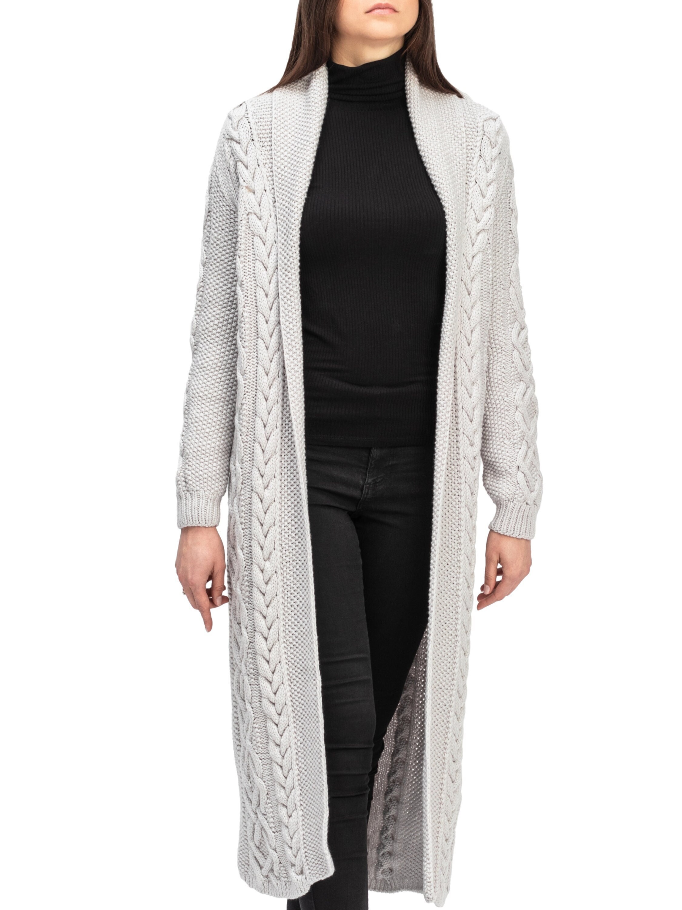 Long Merino Wool Coat, Woman's White Cable Knit Cardigan, Luxury Grey ...
