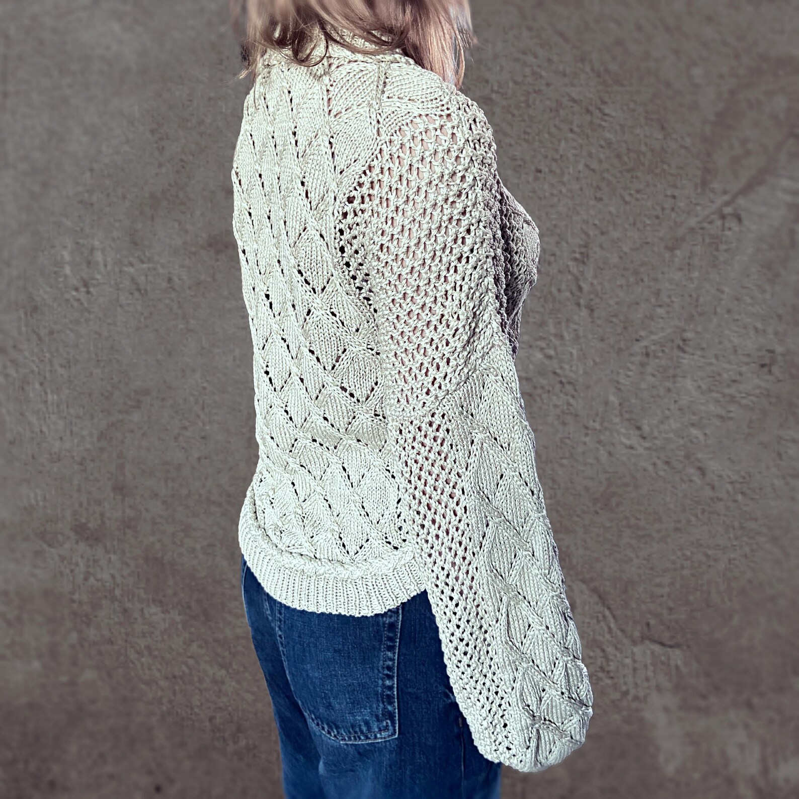 Cotton Cable Knit Woman’s Blouse, Beige Summer Sweater, Loose Fit Aran ...
