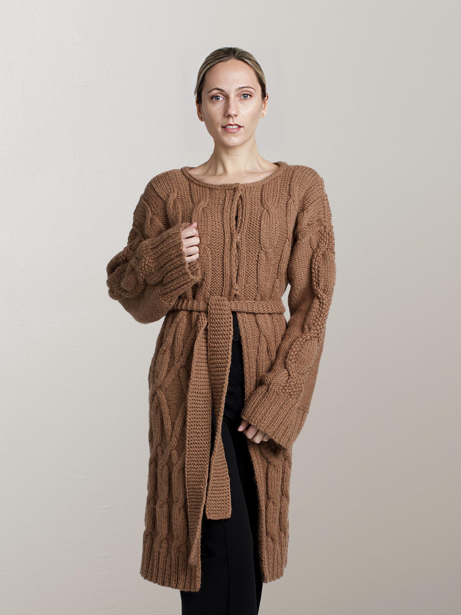 Luxury Chunky Hand Knit Alpaca Coat, Handmade Cable Knit Aran Cardigan ...