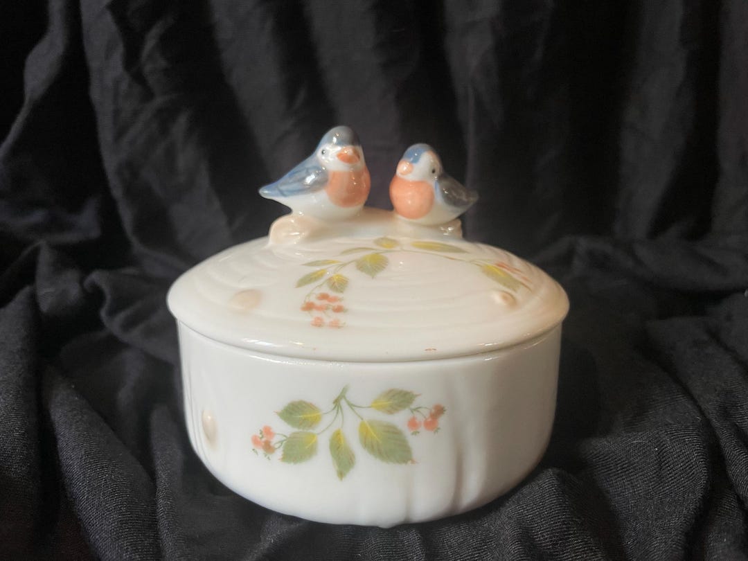 Vintage Porcelain Trinket Box With Bluebird Lid – Mid‑century Vanity ...