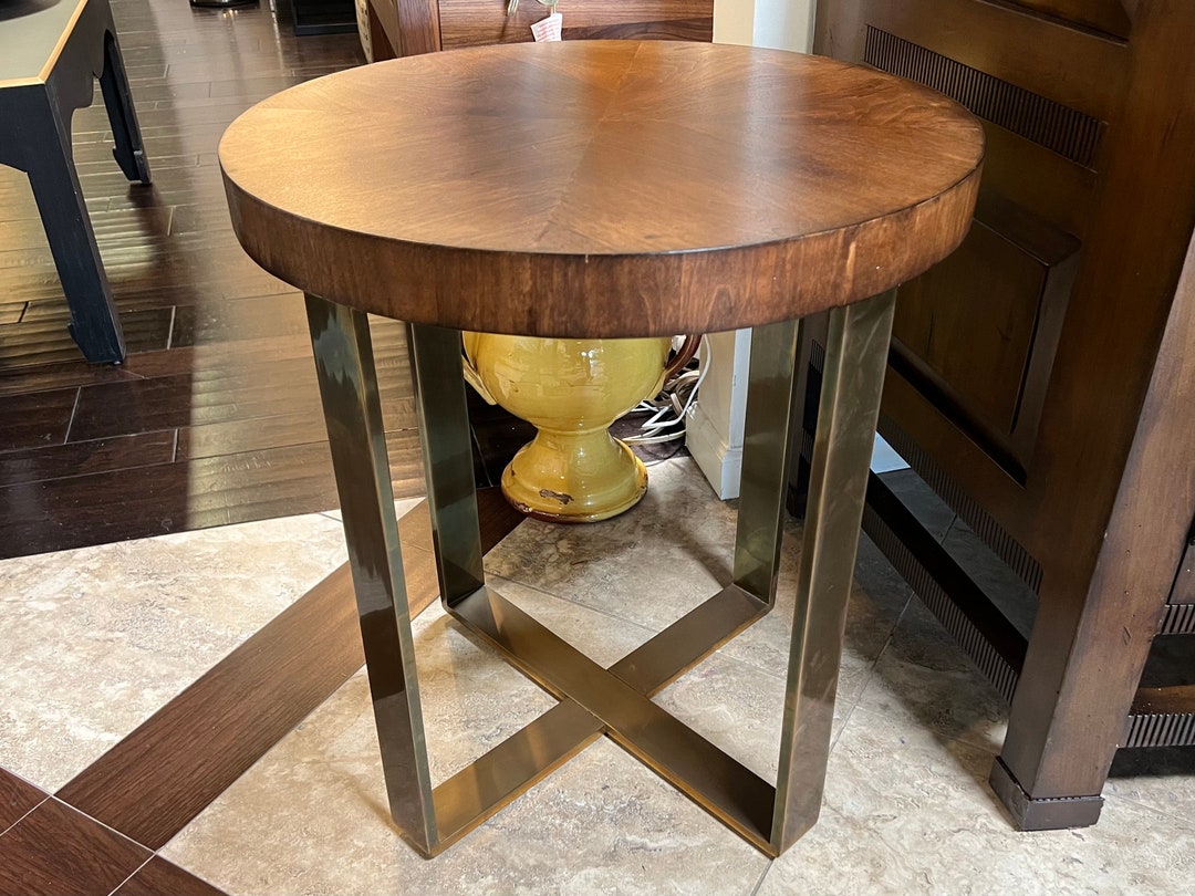 Horchow High End Round End Table With Gold Base and Wood Top ...
