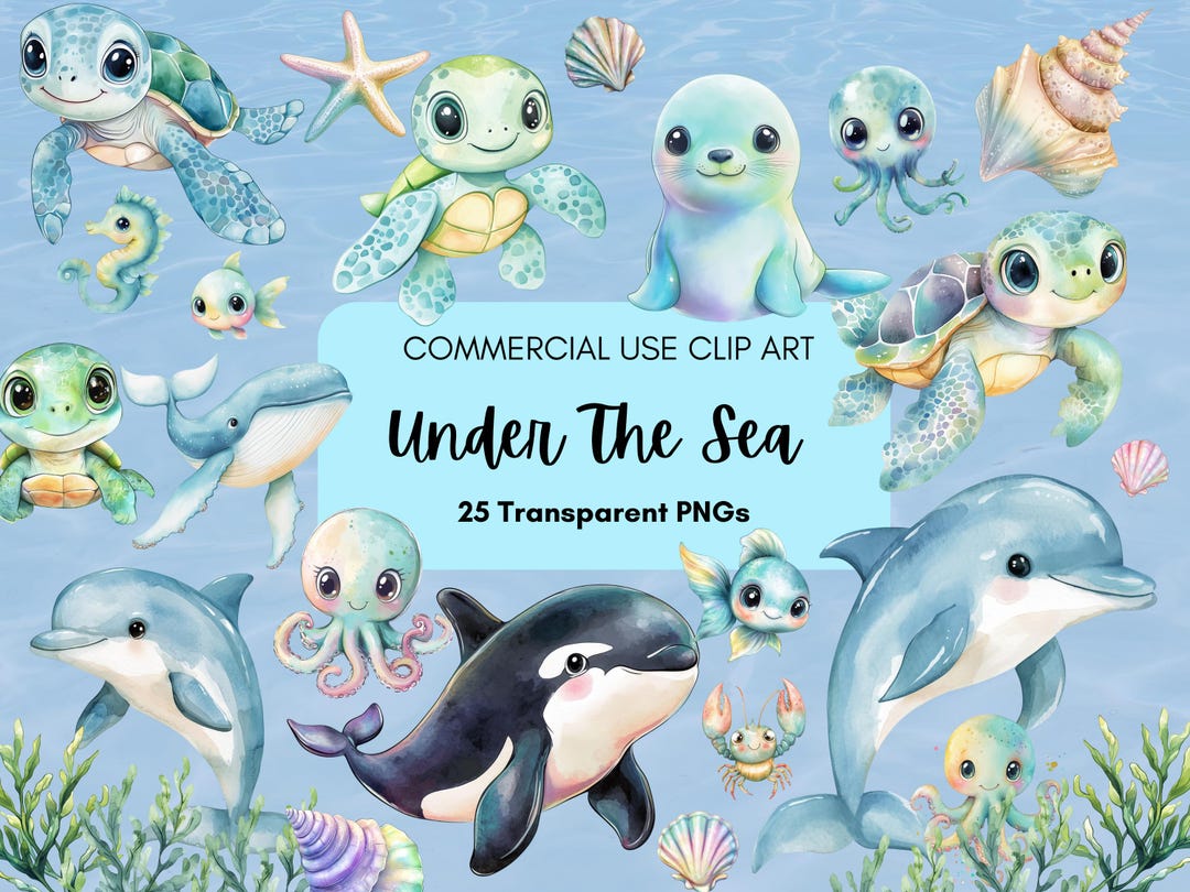 Under the Sea Creatures Animals Watercolor Clip Art With Sea Turtles ...