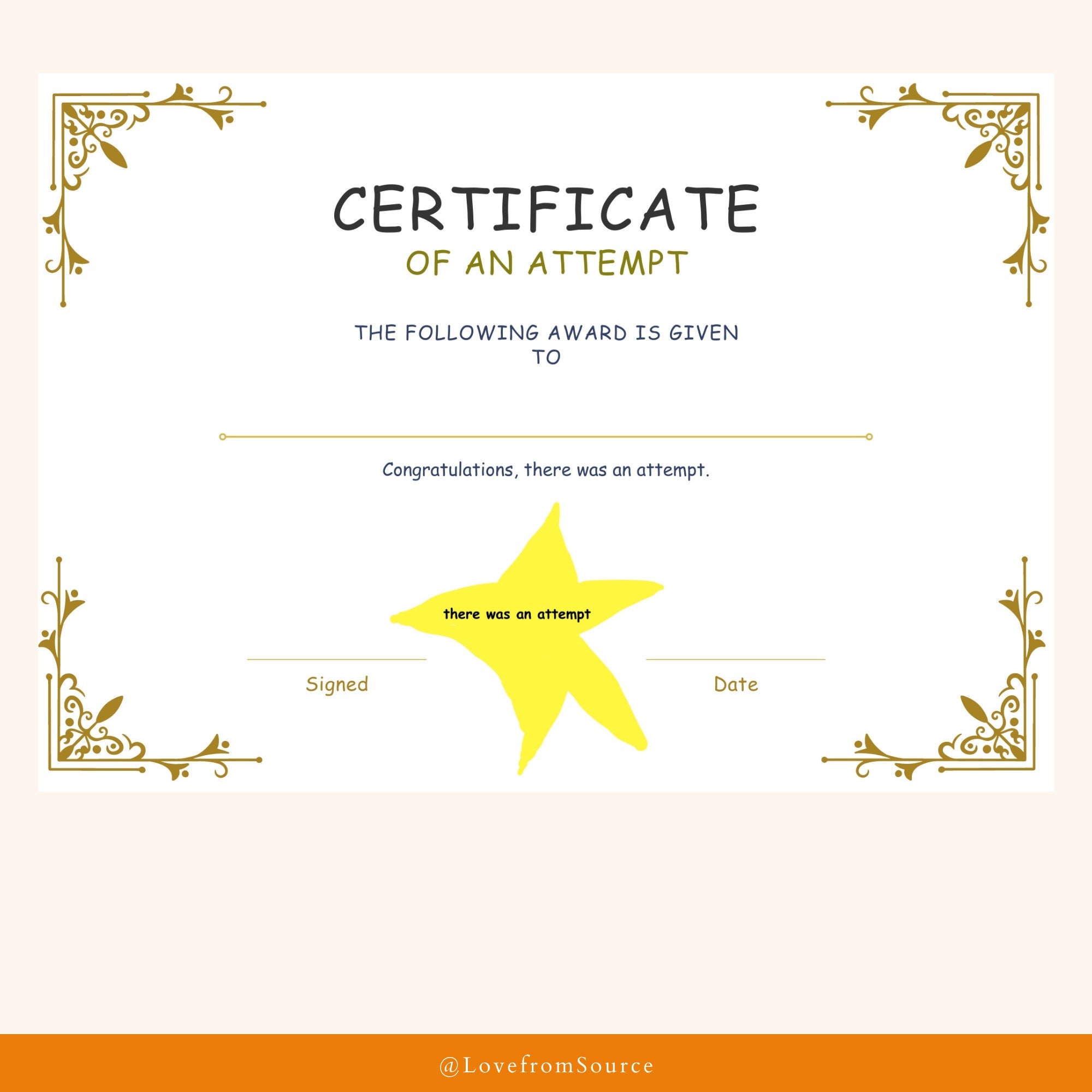 There Was an Attempt Certificate - Blank Printable PDF, JPG With Personalization Option - Etsy