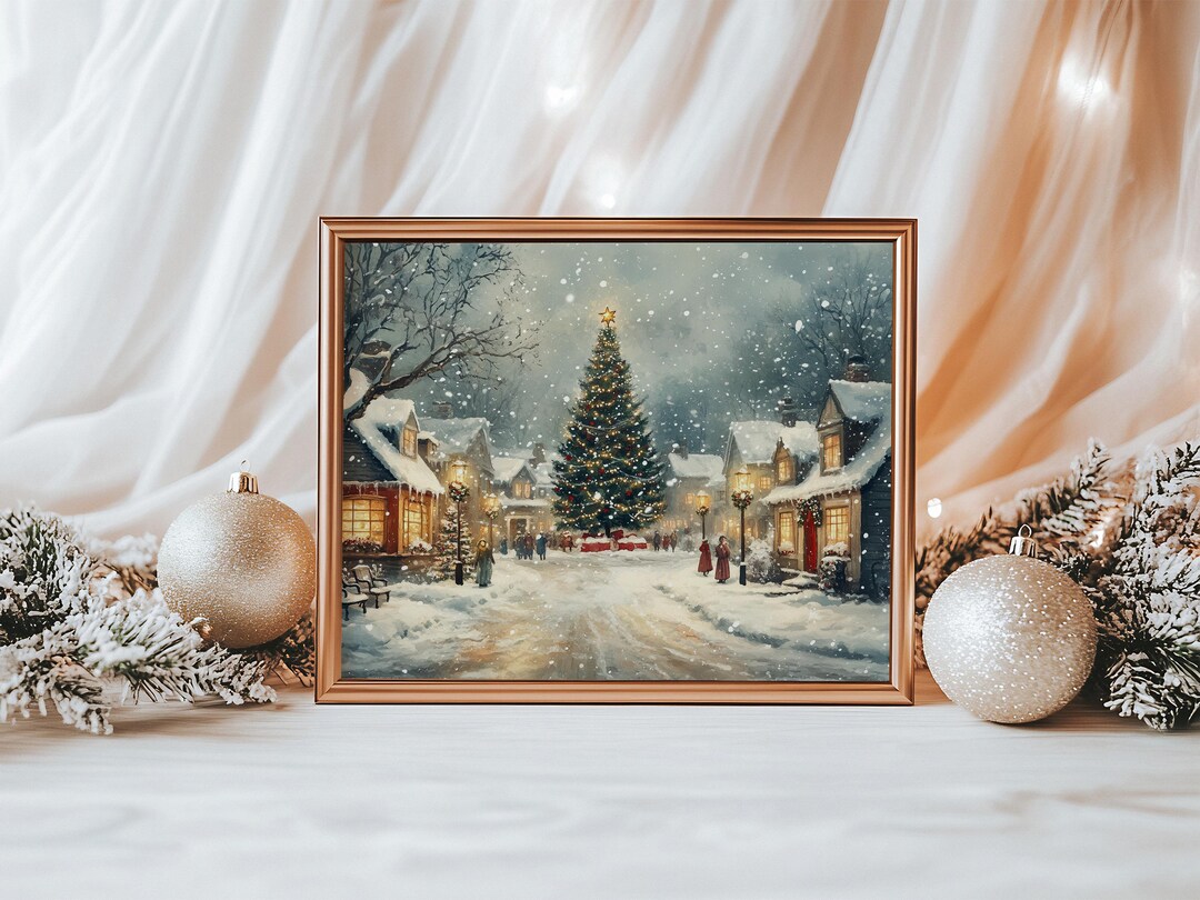 Winter Village Square at Christmas - Snow-covered Vintage Scene, Cozy ...