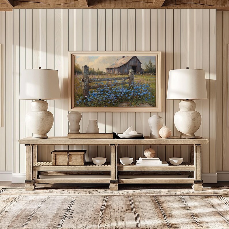 Barn Wall Art, Rustic Painting, Countryside Decor, Blue Flowers ...