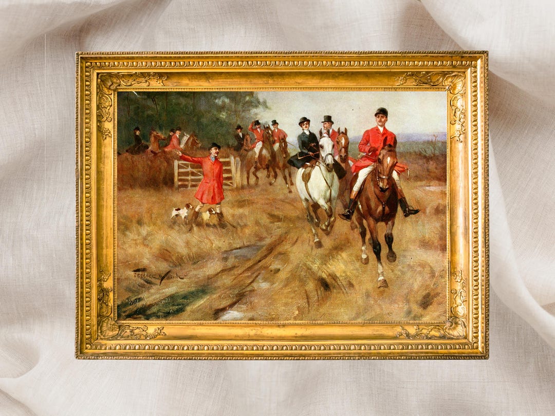 Vintage Fox Hunt Scene Painting - Classic Equestrian Wall Art, Rustic ...